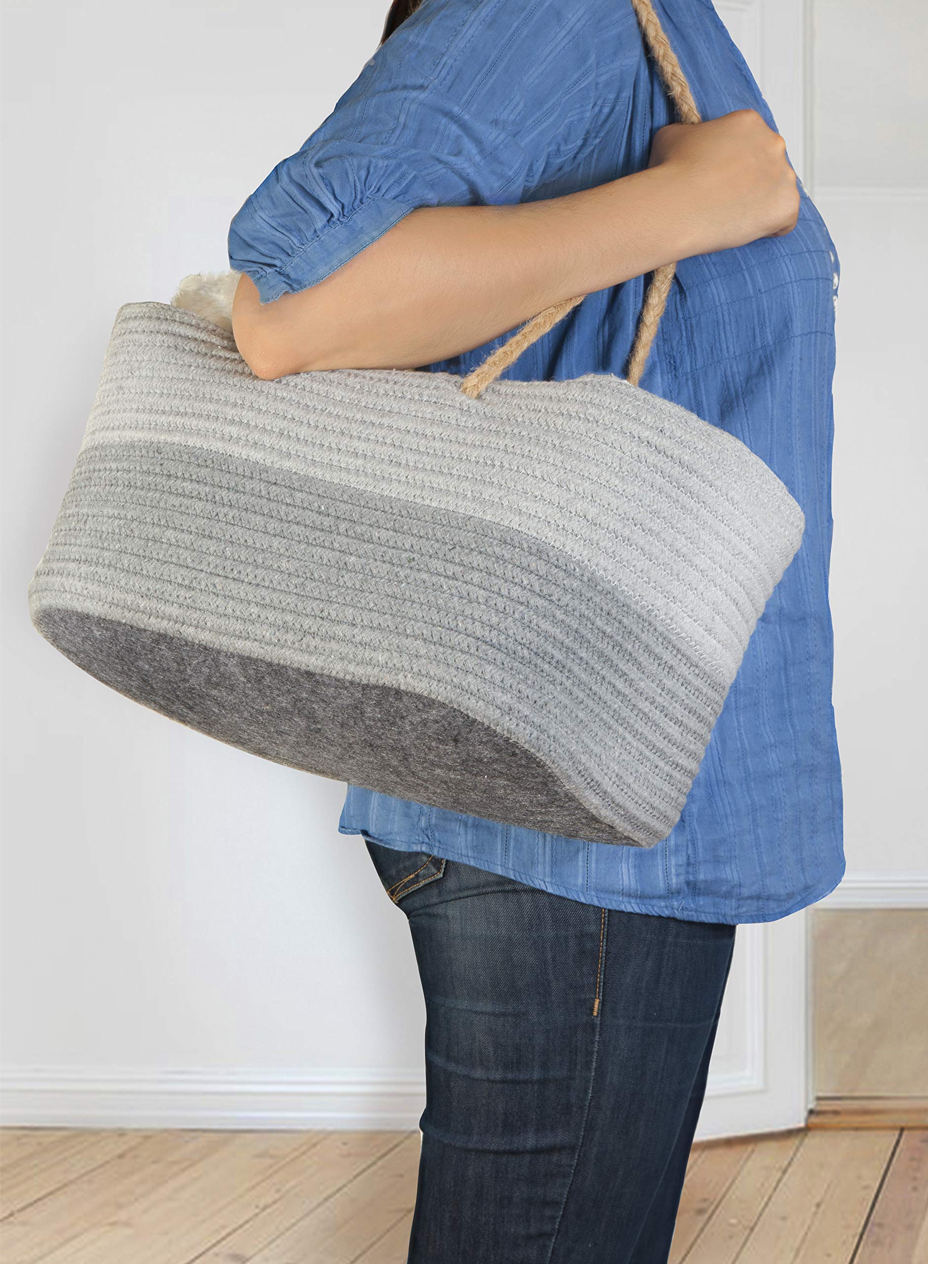 Rectangular Lined Cotton Rope Basket in Grey with Long Rope Handles and Compartments – Storage organizer for Baby Nursery, Diaper Caddy Organizer – Versatile Decorative Tote Caddy Basket by BoodaBooda