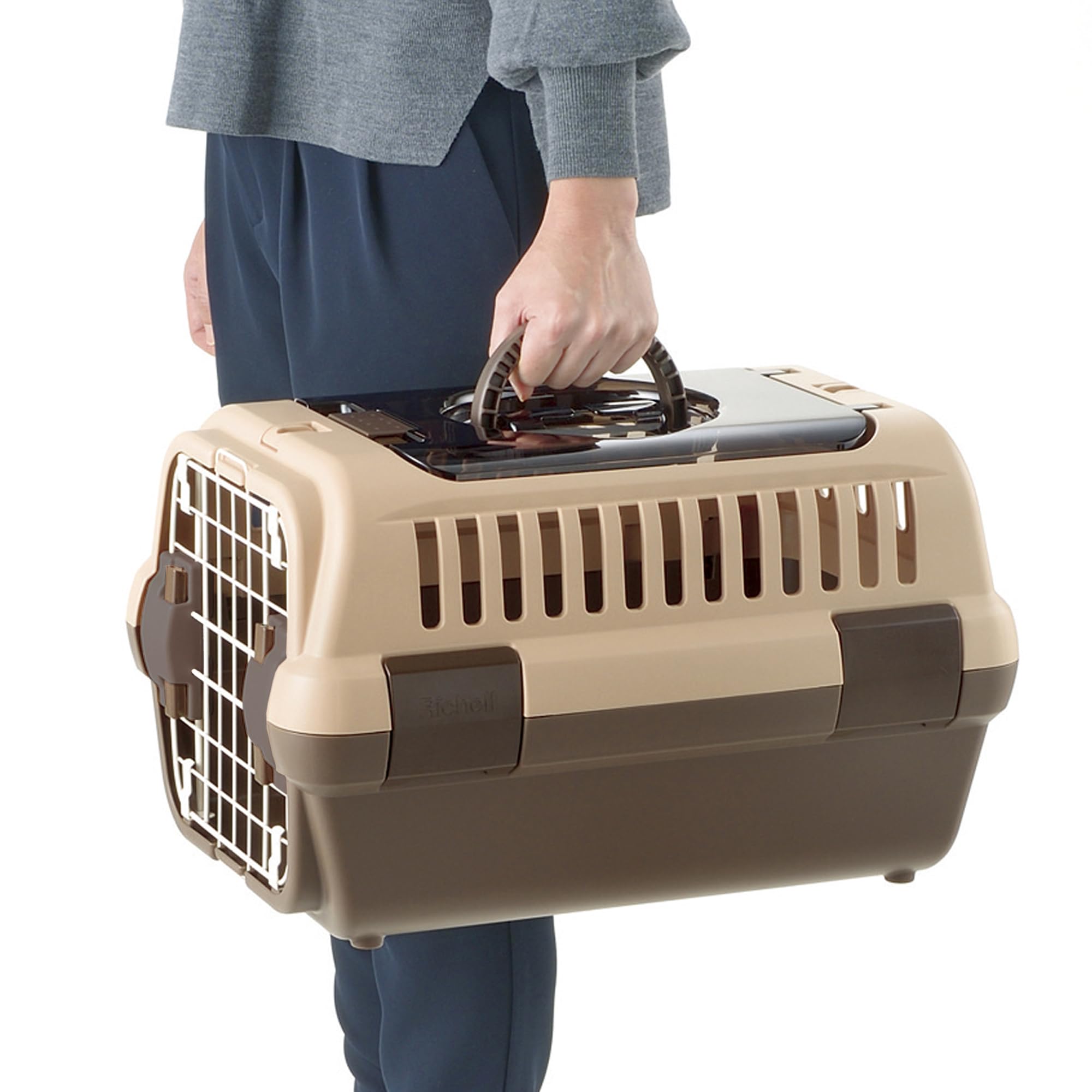 Richell: Double Door Carrier: Small Brown - Pet Transporter, Small Cats & Dogs Up to 11lbs, Attach to Car Seat Belts, Clear Top Door, Front Entry Gate