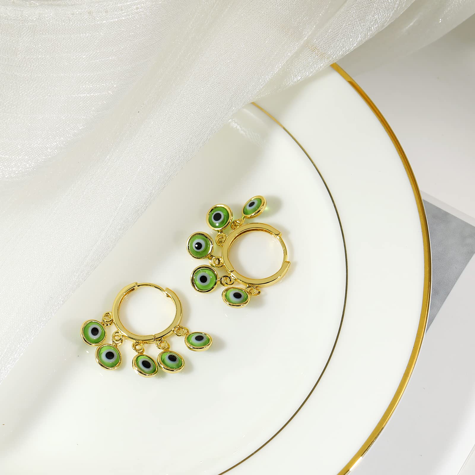 ZJMIHUA Huggie Hoop Earrings, 14K Gold Plated Circle Small Dangle Hoop Earrings Hypoallergenic Dainty 5 Evil Eyes.(Circle green)