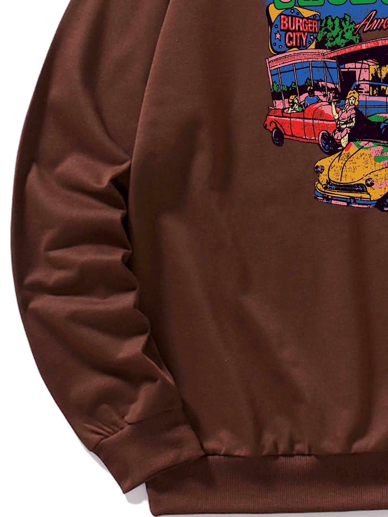 SOLY HUX Men's Letter Car Graphic Print Long Sleeve Pullover Top Sweatshirt Chocolate Brown L