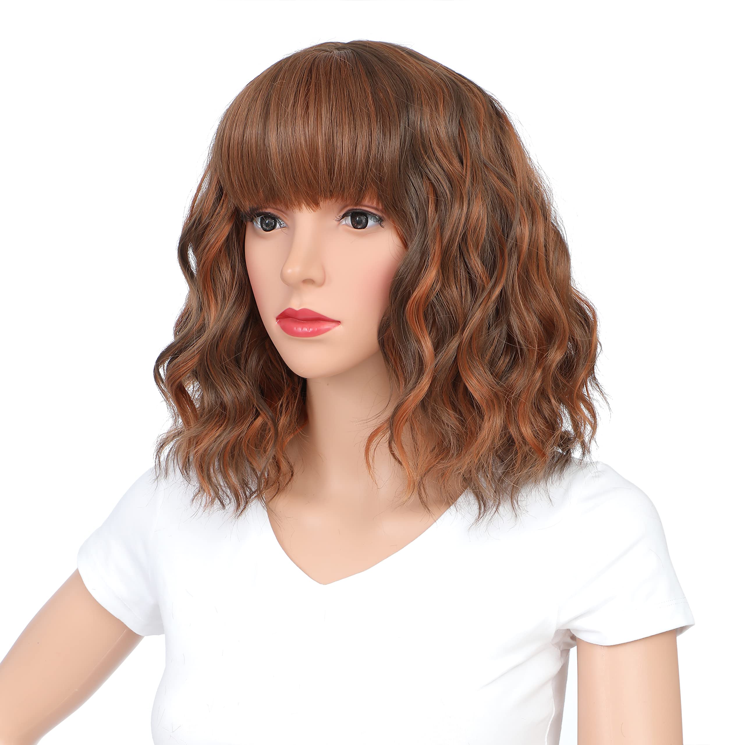 SWACC 12 Inch Short Curly Wavy Bob Wig with Bangs Synthetic Hair Wig for Women with Wig Cap (Hot Pink)