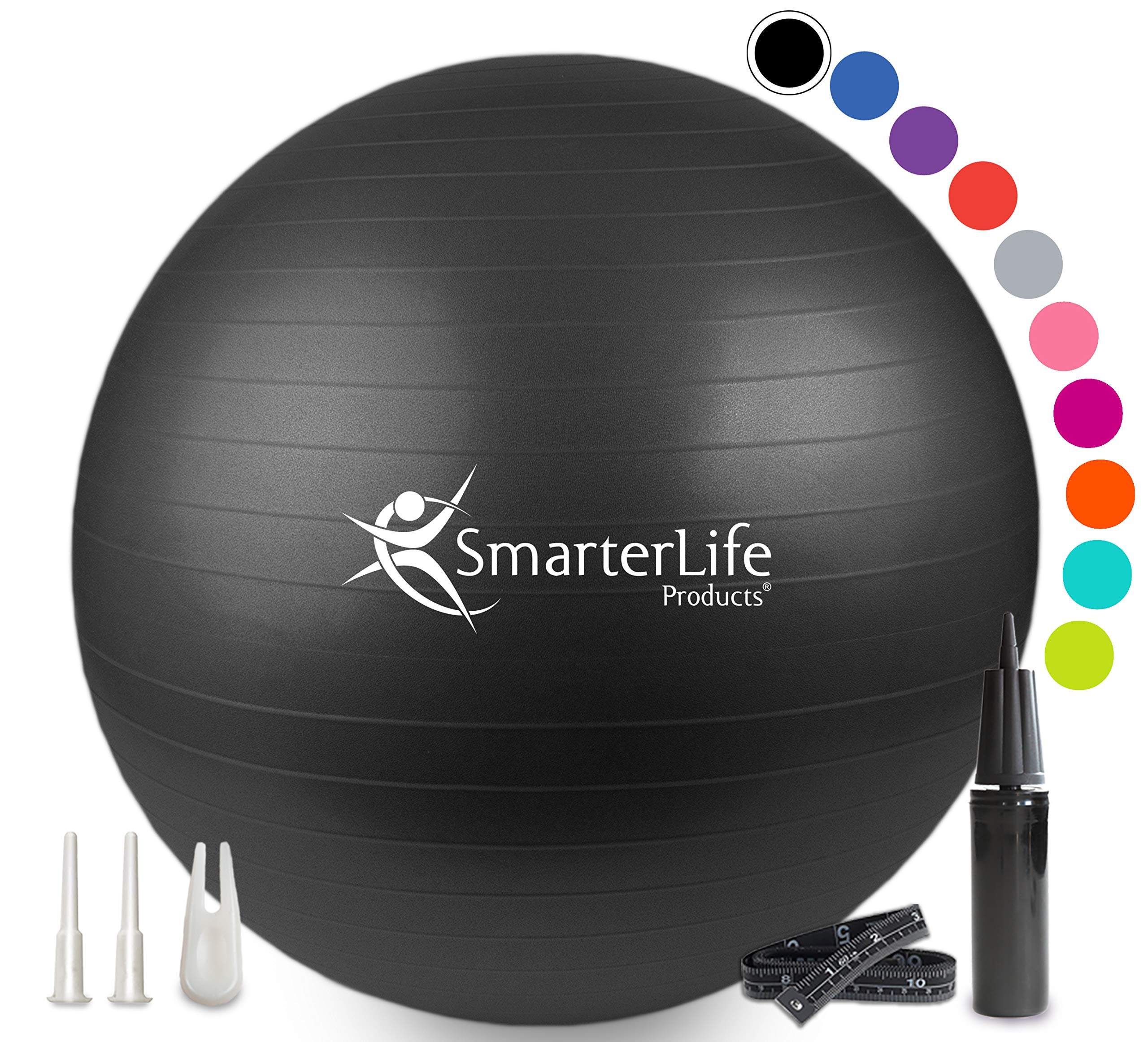 SmarterLife Workout Exercise Ball for Fitness, Yoga, Balance, Stability, or Birthing, Great as Yoga Ball Chair for Office or Exercise Gym Equipment for Home, Non-Slip Design (55 cm, Black)