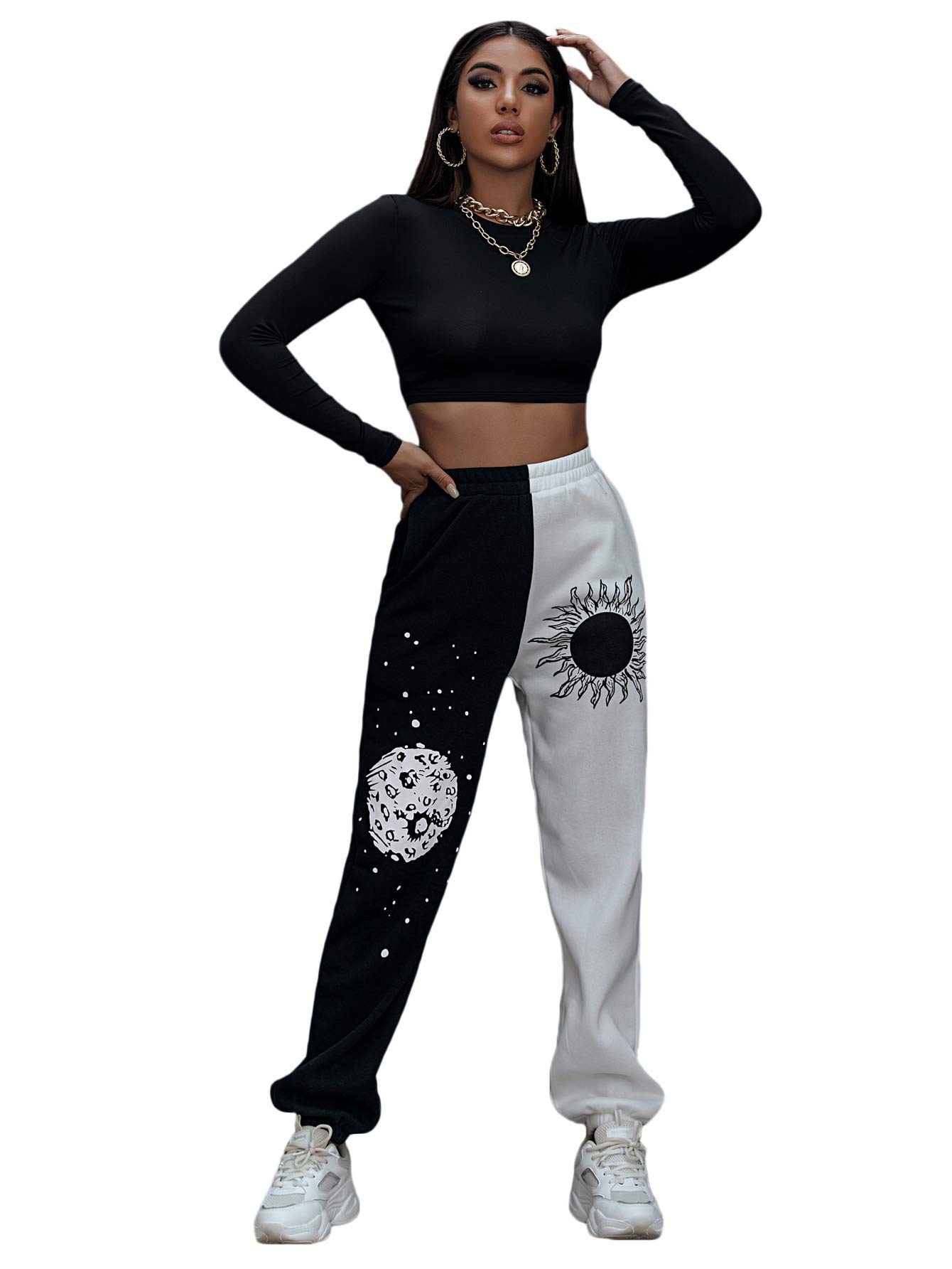SOLY HUX Women's Graphic Letter Print Elastic Waist Sweatpants Color Block Cozy Running Joggers Pants Black White Sun XS
