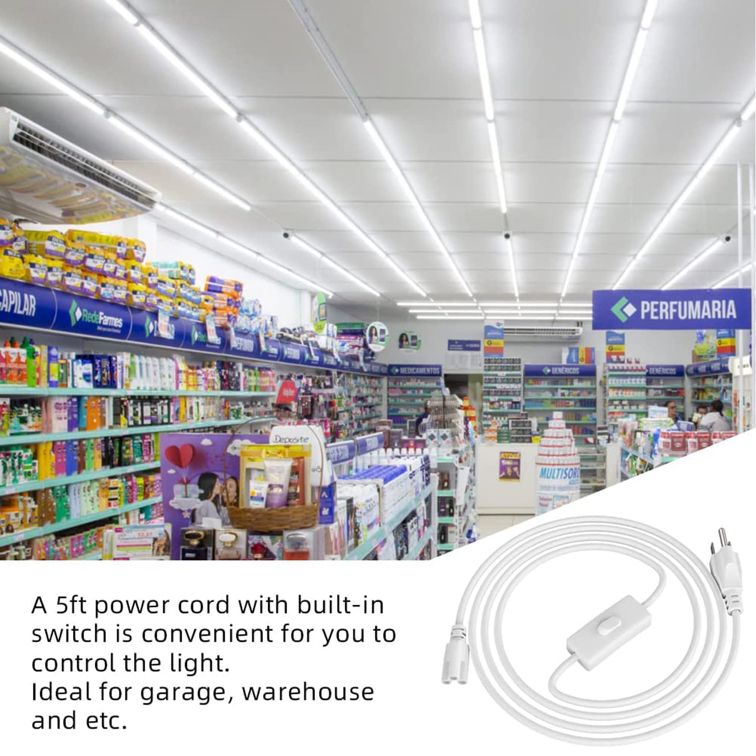 SHOPLED 5FT Plug Power Cord T5 T8 LED Tube Power Wire Cable with On/Off Switch 3 Prong PlugĀ for LED Shop Lights
