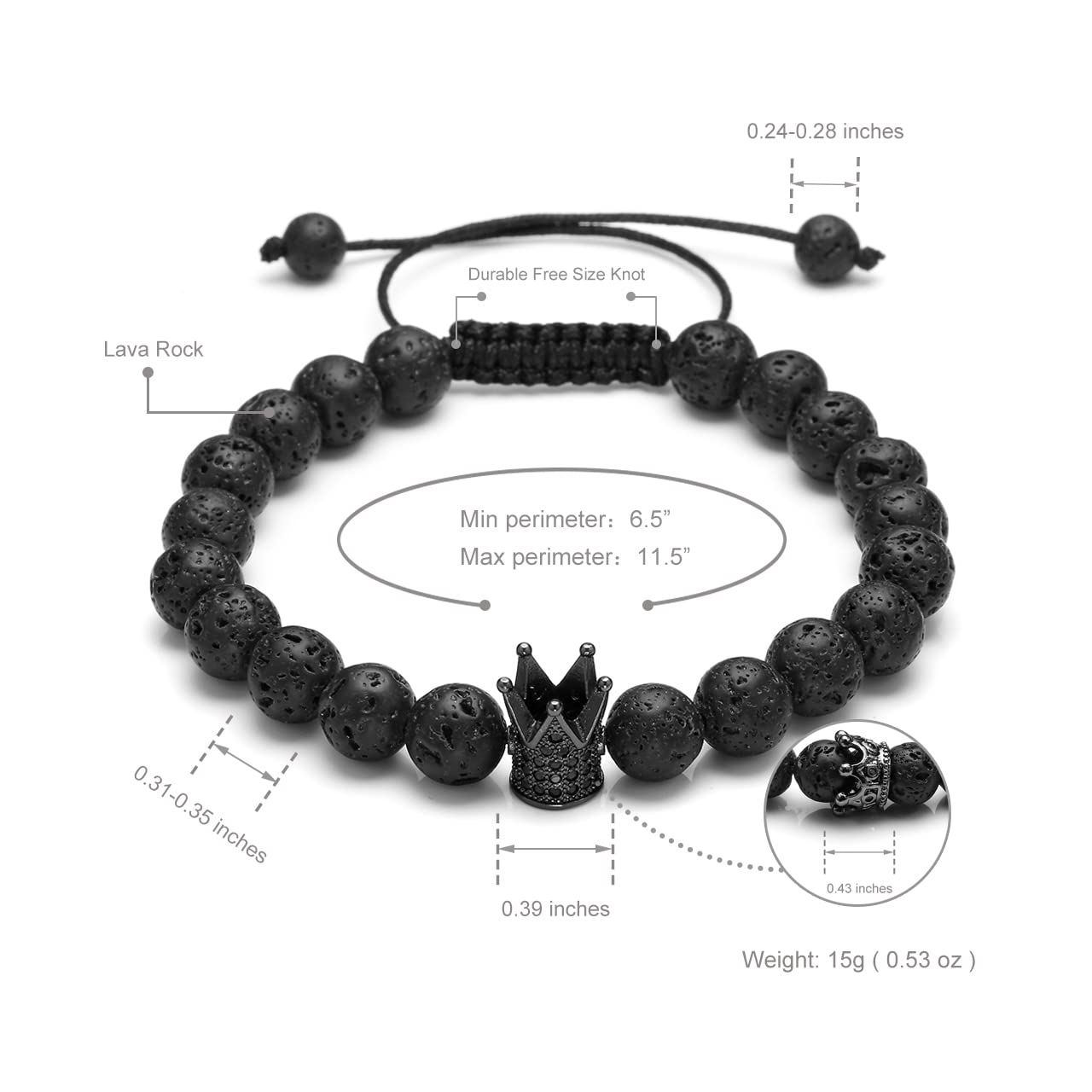 Top Plaza Couple Distance Bracelets Lava Stone Beads Essential Oil Diffuser Adjustable Bracelet with King Queen Crown Charm - 2 Pcs Black