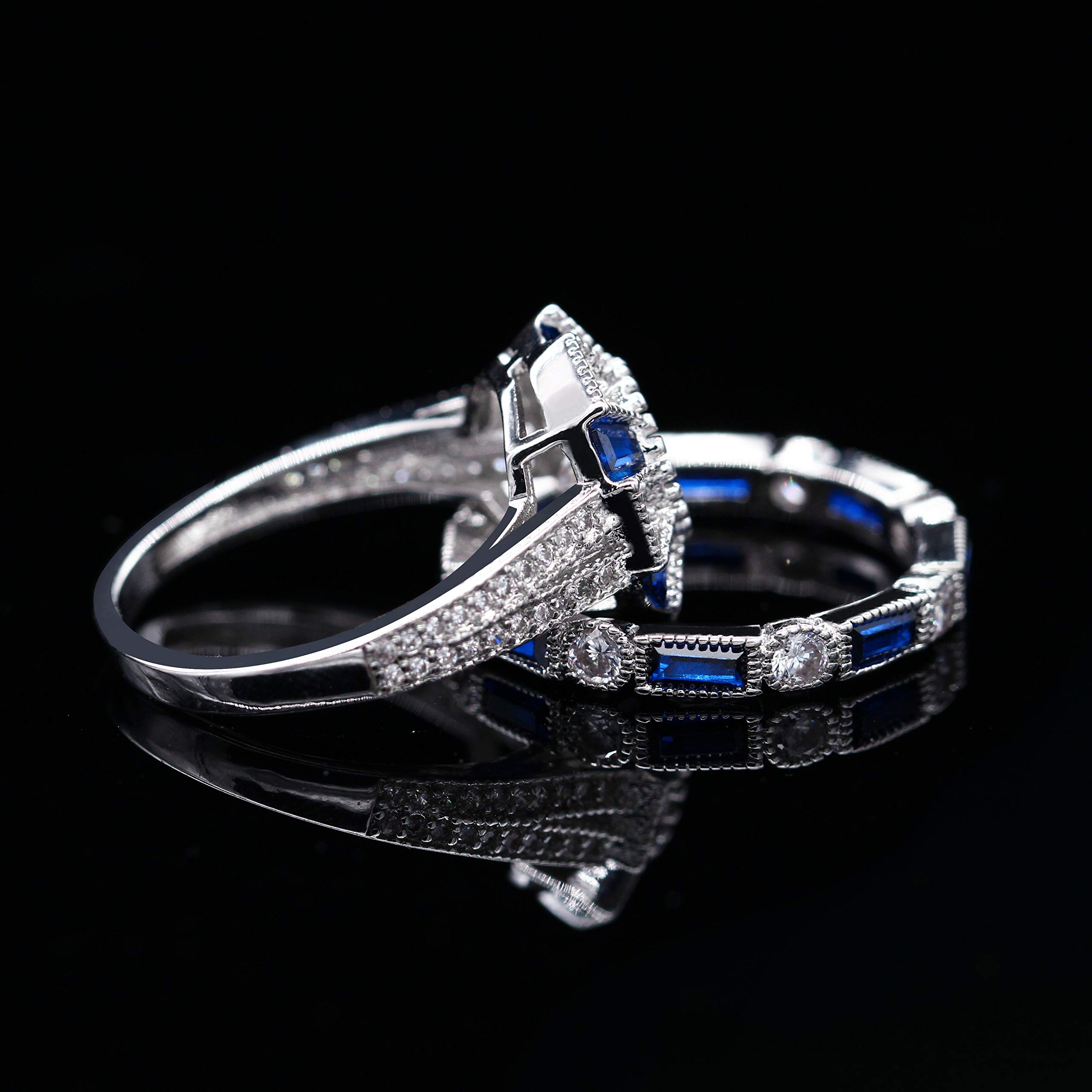 Uloveido Women's Platinum Plated Baguette Cut Blue Cubic Zirconia 2 Pcs Engagement Wedding Band Stacking Rings Set Gift (Size 6) RJ497
