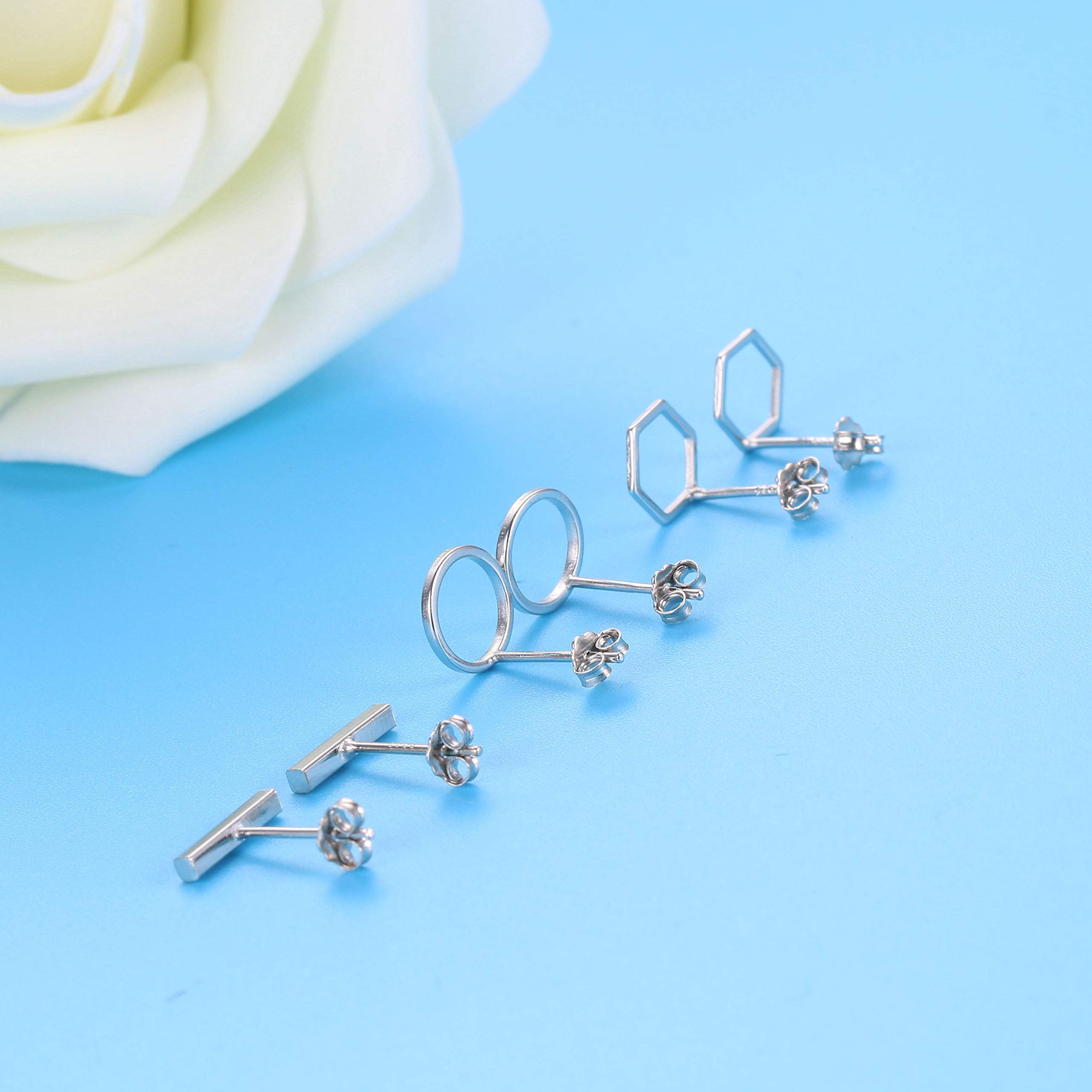 Sllaiss 3 Pairs 925 Sterling Silver Stud Earrings Set Bar Earrings Different Shapes