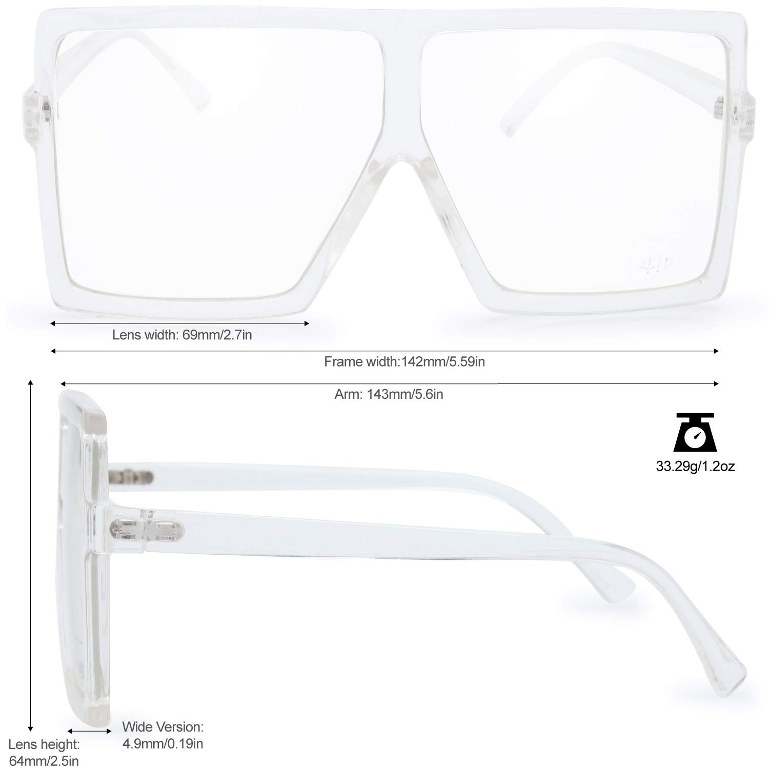 The Fresh Large Oversized Fashion Square Flat Top Sunglasses with Gift Box (4-Shiny Crystal, Clear/AR Coating)