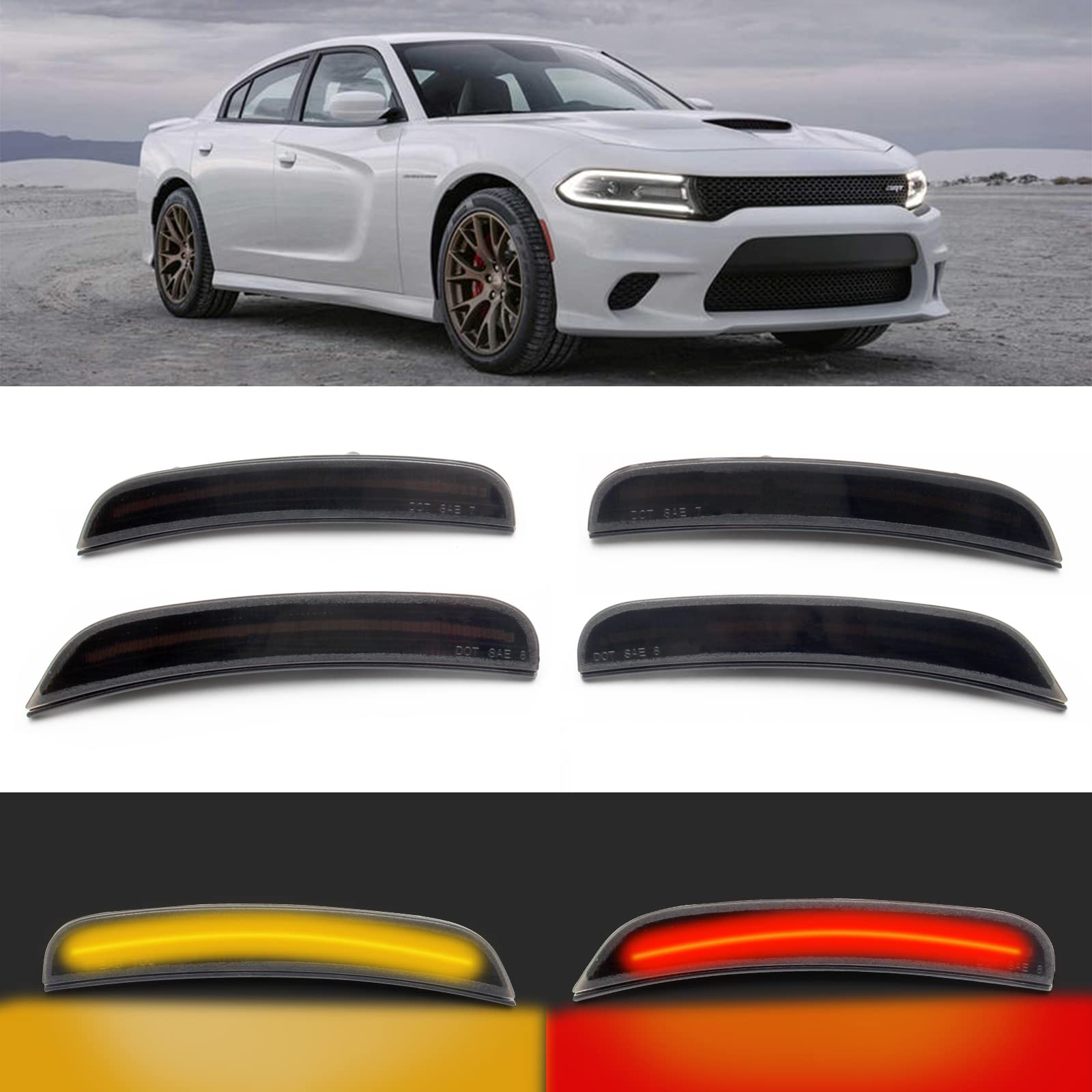Somusen LED Side Marker Light Compatible with Dodge Charger 2015-2022 Smoked Lens Amber Front & Red Rear Signal Lamp Assembly Kit, Replace 68214405AA 68214404AA 68214127AA