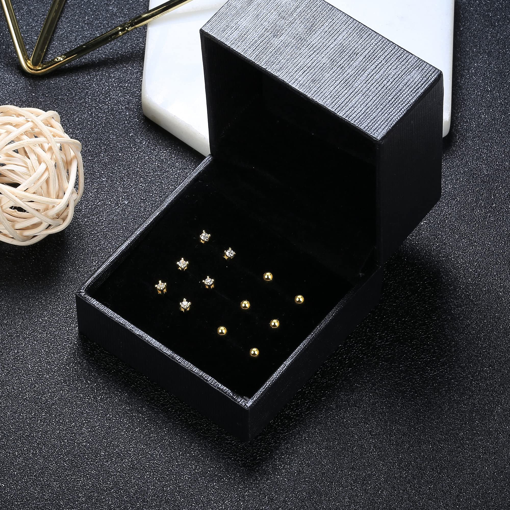 Sllaiss 6 Pairs Sterling Silver Tiny Ball Stud Earrings for Women Round CZ Stud Earrings Set Gold