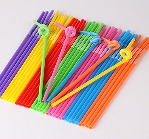 WOIWO 100PCS Colorful Disposable Plastic Drinking Straws, Extra Long Bendy Party Fancy Straws
