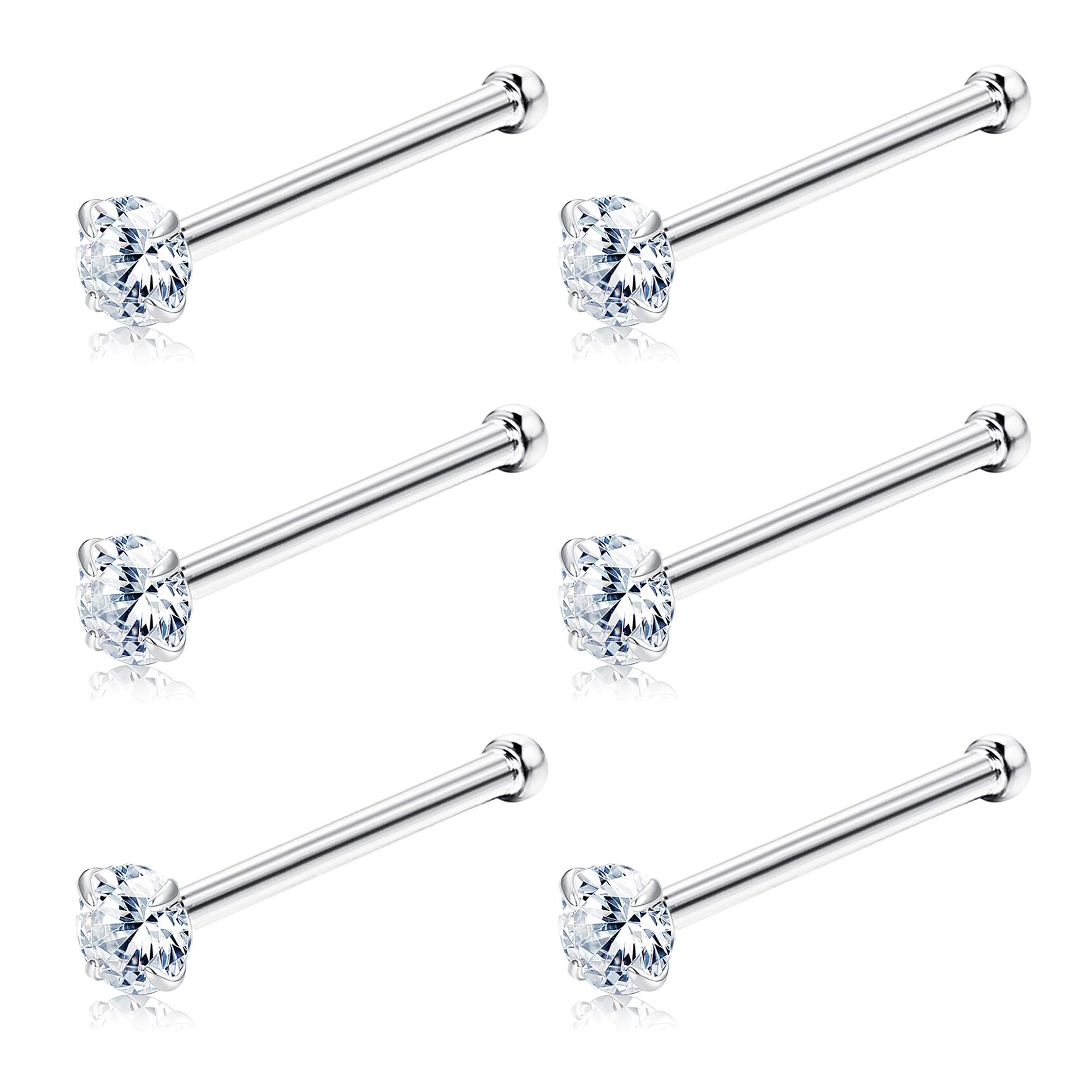 Sllaiss 6Pcs 20G Sets with Austria Zirconia Nose Ring Studs 316L Stainless Steel Hypoallergenic 1.5mm 2mm Nose Piercing Set Body Jewelry