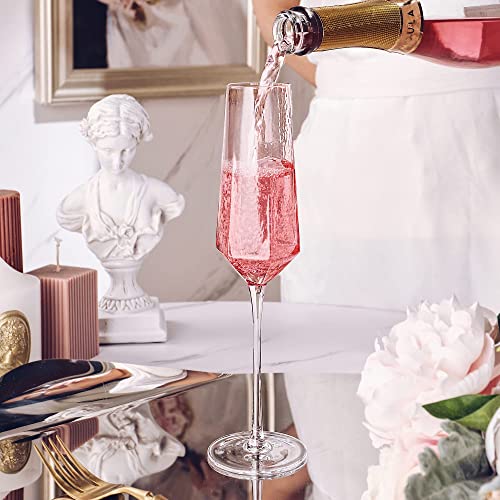 ziixon Crystal Champagne Flutes 8Oz Pink Wedding Champagne Glasses Classy Champagne Flutes Elegant Flutes Set of 4 for Wedding Anniversary Christmas (Pink)
