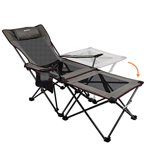 XGEAR 2 in 1 Folding Camping Chair Portable Lounge Chair with Detachable Table for Camping Fishing Beach and Picnics (Grey)