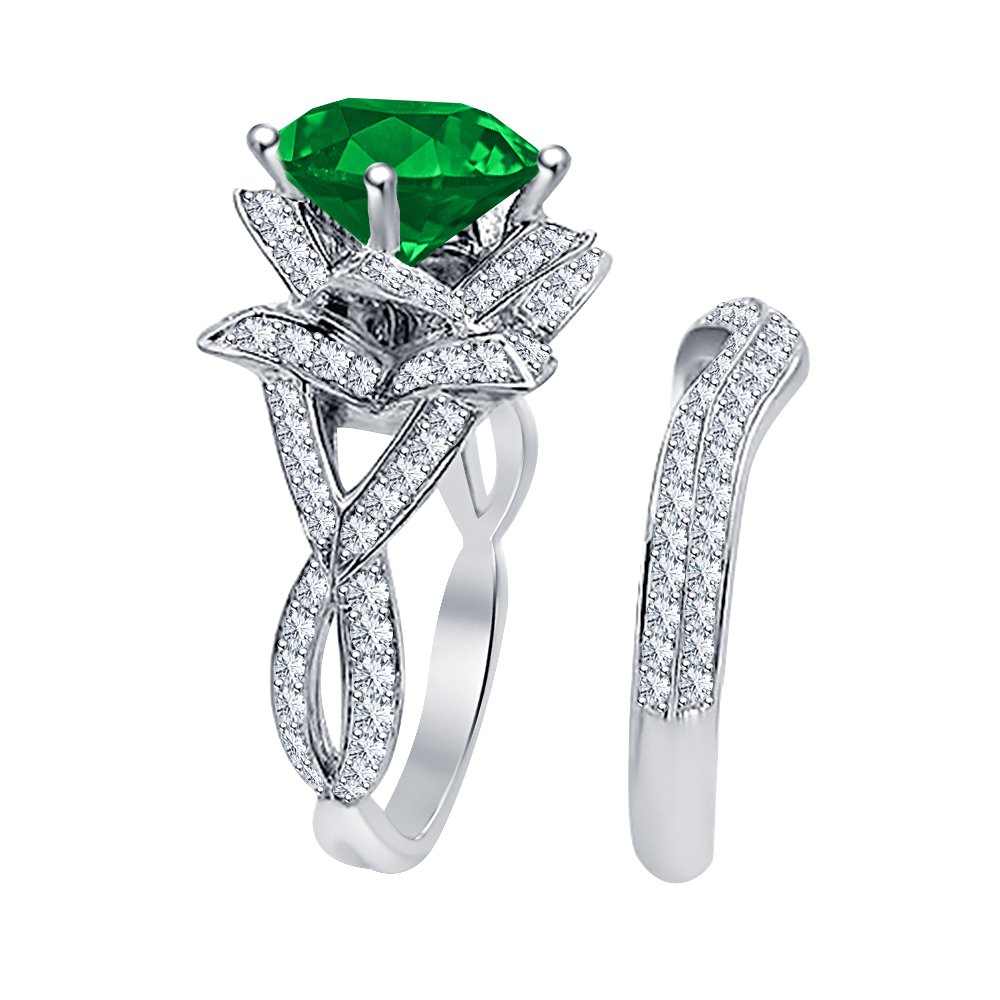 tusakha 3.25 ct Emerald & White Cushion Cut Simulated Diamond Lotus Flower Engagement Ring Bridal Set 18k White Gold Over .925 Sterling Silver