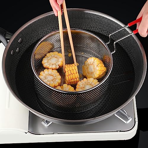 Round Stainless Steel Deep Fryer Basket Fry Baskets with Handle for French Fries Onion Rings and Chicken (Medium 18CM)