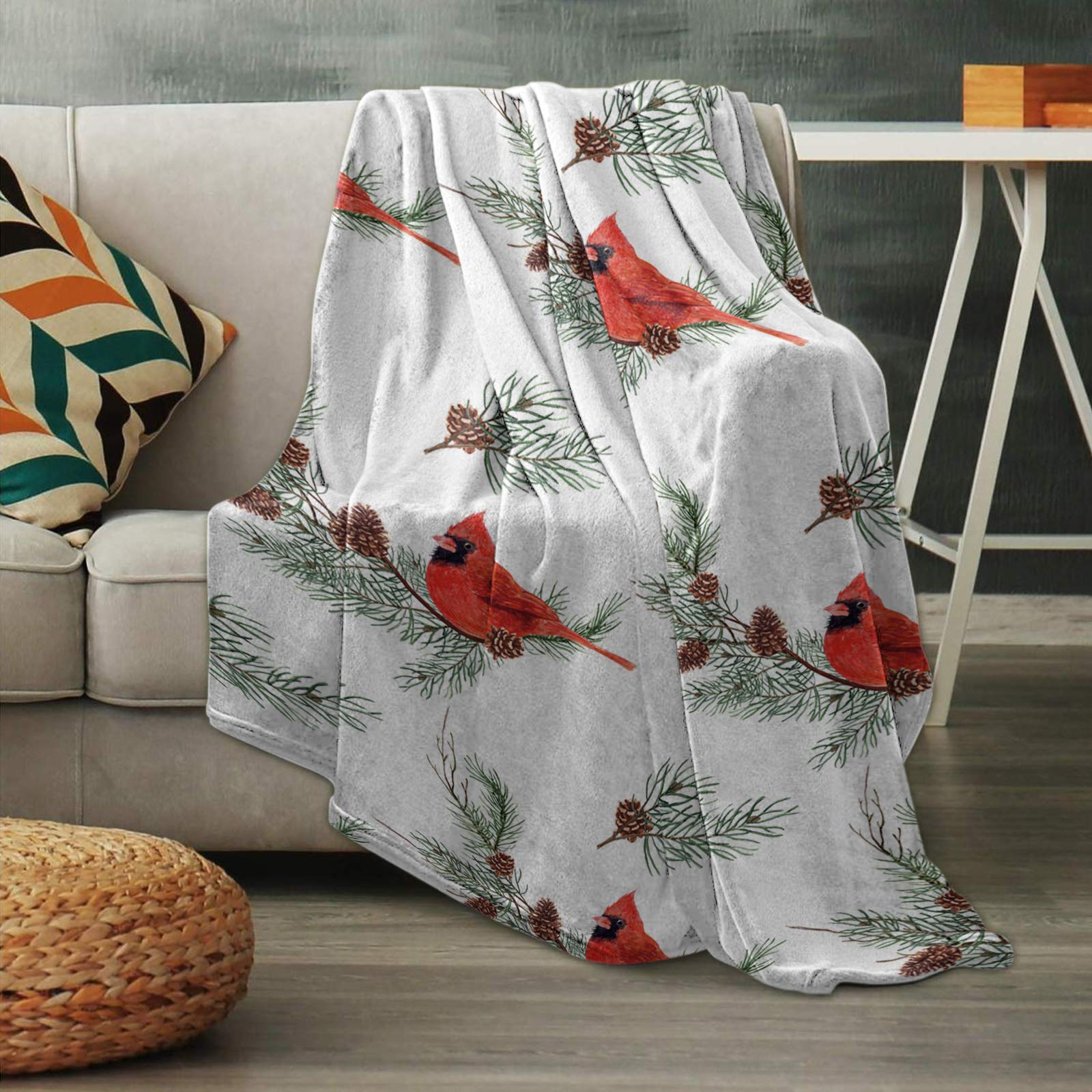 SUN-Shine Christmas Cardinal Throw Blankets, Cardinal Birds with Pine Cones Leaves Fuzzy Flannel Fleece Throws Luxury Super Soft Cozy Warm Blanket for Couch Sofa Bed Chair