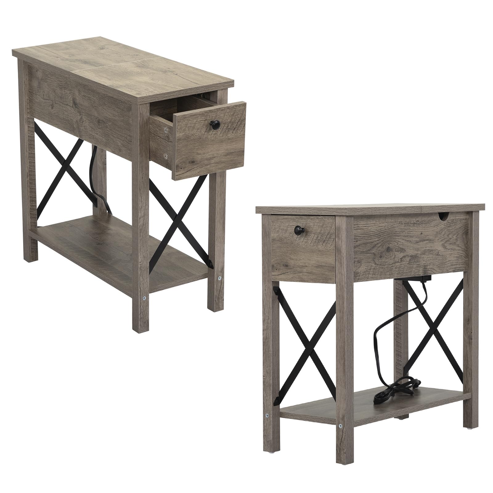Tidyard Set of 2 Flip Top End Table with Charge Station, X-Shaped Profile Narrow Side Table with Drawer for Office, Bedroom, Living Room, Gray