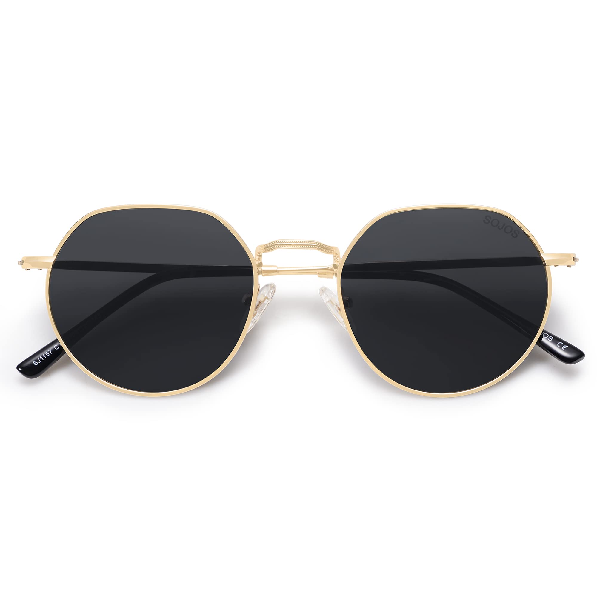 SOJOS Round Polygon Polarized Sunglasses for Women Men Retro Classic Vintage Shades SJ1157 Black Lens