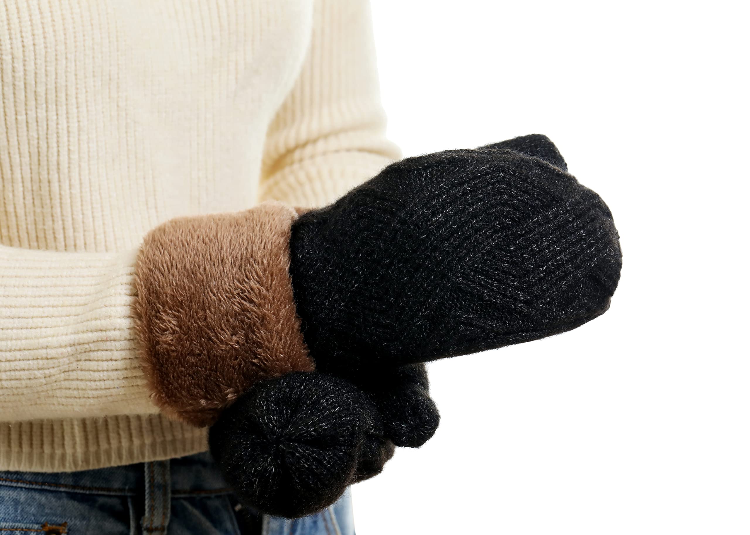Thick Snow Hat-and-Mittens Set for-Women Black, Warm Faux Fur Pom Pom Beanie-with-Gloves Cute Pompom Ladies Winter Caps