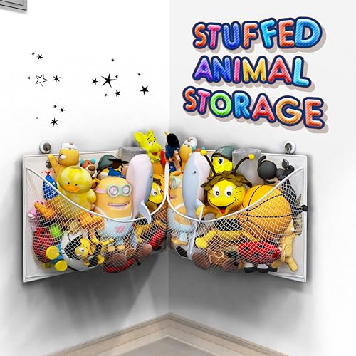 Stuffed Animal Storage Ideas, Stuffy Storage, Stuffed Animal net or Hammock, Kids Wall Corner Stuffed Animals Toy Hammock , Holder, Bear Organizer, Basket, Stuff, Zoo, Hardware Included (White)