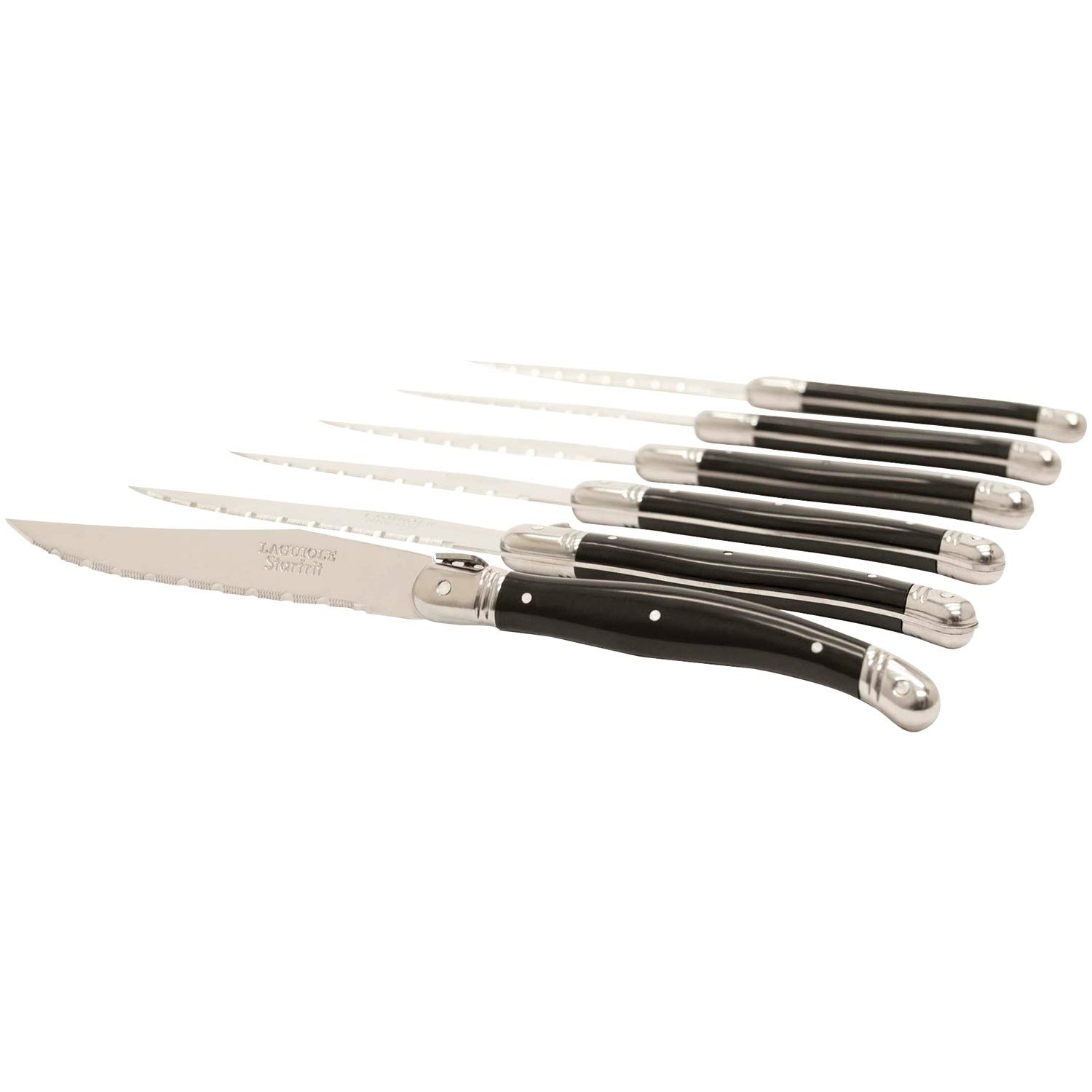 Starfrit 6-Piece European-Style Steak Knife Set with Pinewood Storage Box, Stainess Steel/Black