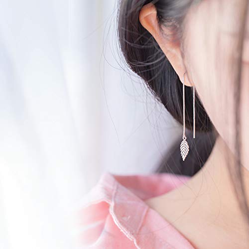 SLUYNZ 925 Sterling Silver Threader Earrings Chain for Women Teen Girls Ear Line Dangling Earrings Chain (Leaf Threader Earrings)