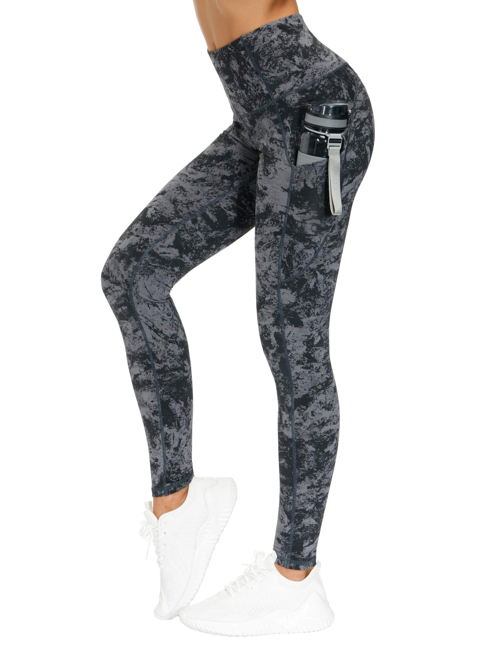 THE GYM PEOPLE Thick High Waist Yoga Pants with Pockets, Tummy Control Workout Running Yoga Leggings for Women (Medium, Gray-Marble)