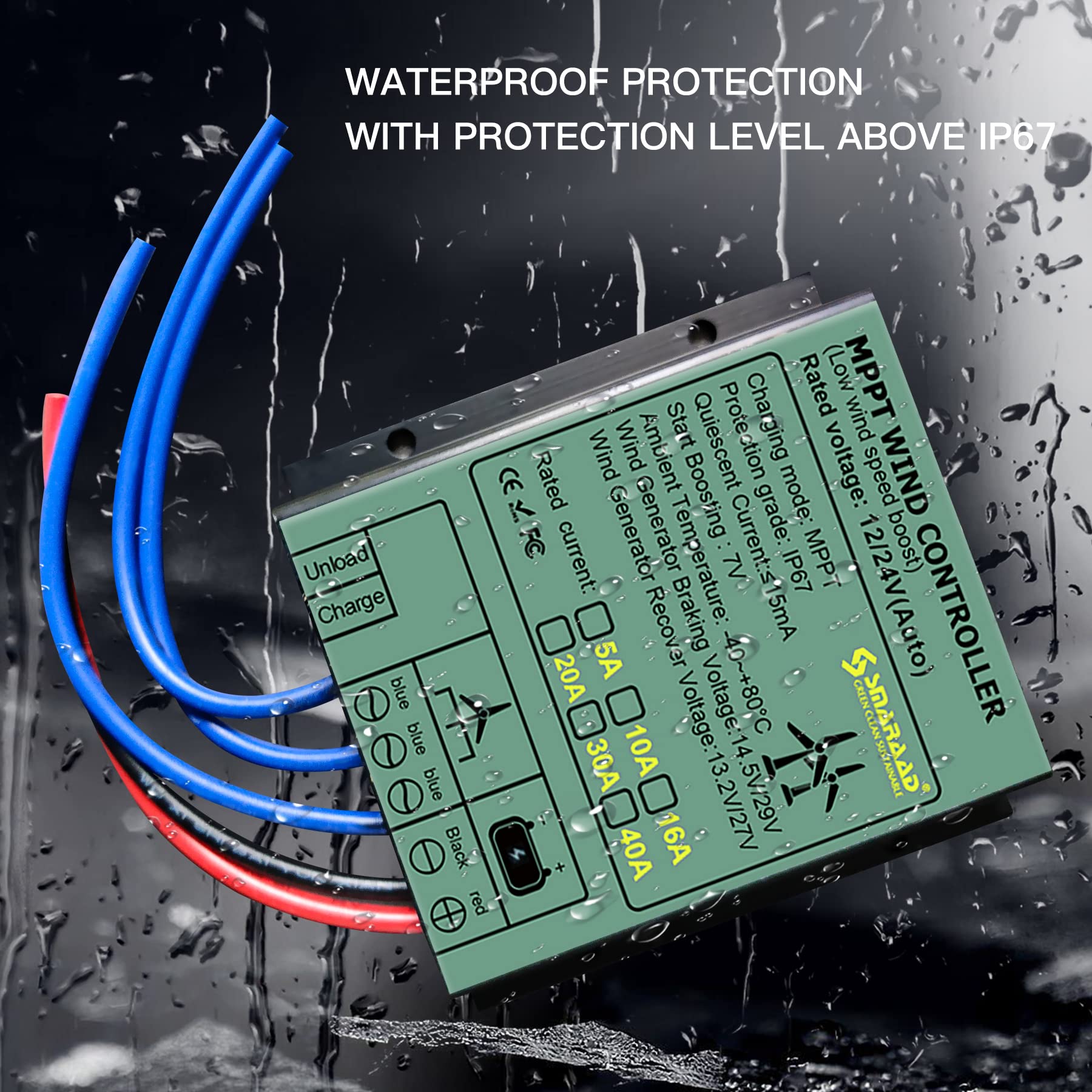 Smaraad MPPT Wind Turbine Charge Controller 12V/24V Auto Match, Mini Wind Generator Controller with IP67 Waterproof Suitable for 300W 400W 500W 600W Wind Turbine System, 3.1x3.2x2.6 Inches
