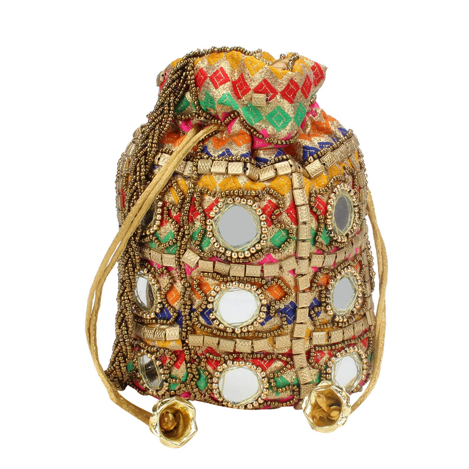 Traditional Satin Potli Bag with Round Mirror for Women & Girls (Multicolor)