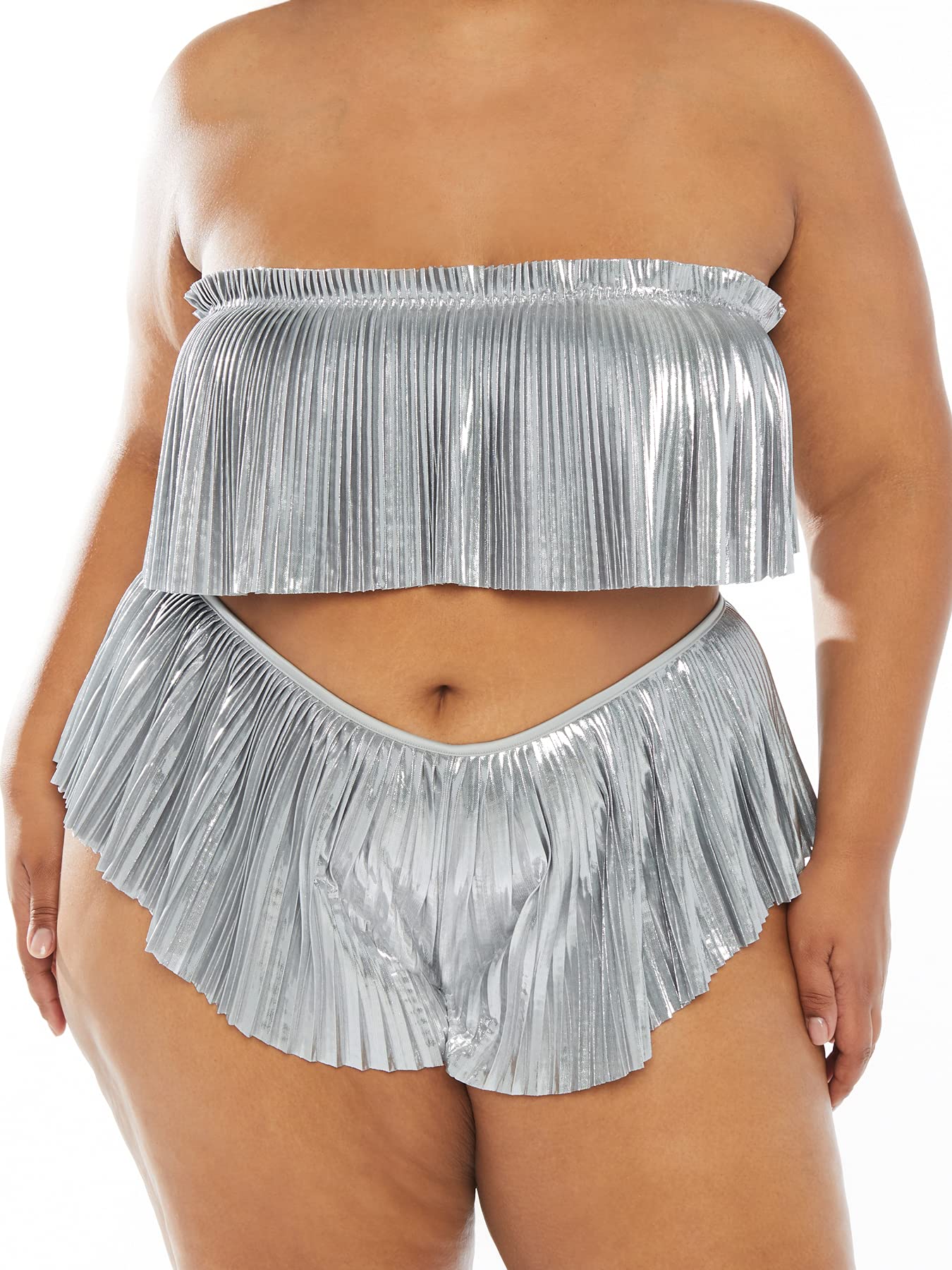 Savage X Fenty, Women's, Pleated Lamé Short with Keyhole, Spaced Out Metallic Silver, 1X