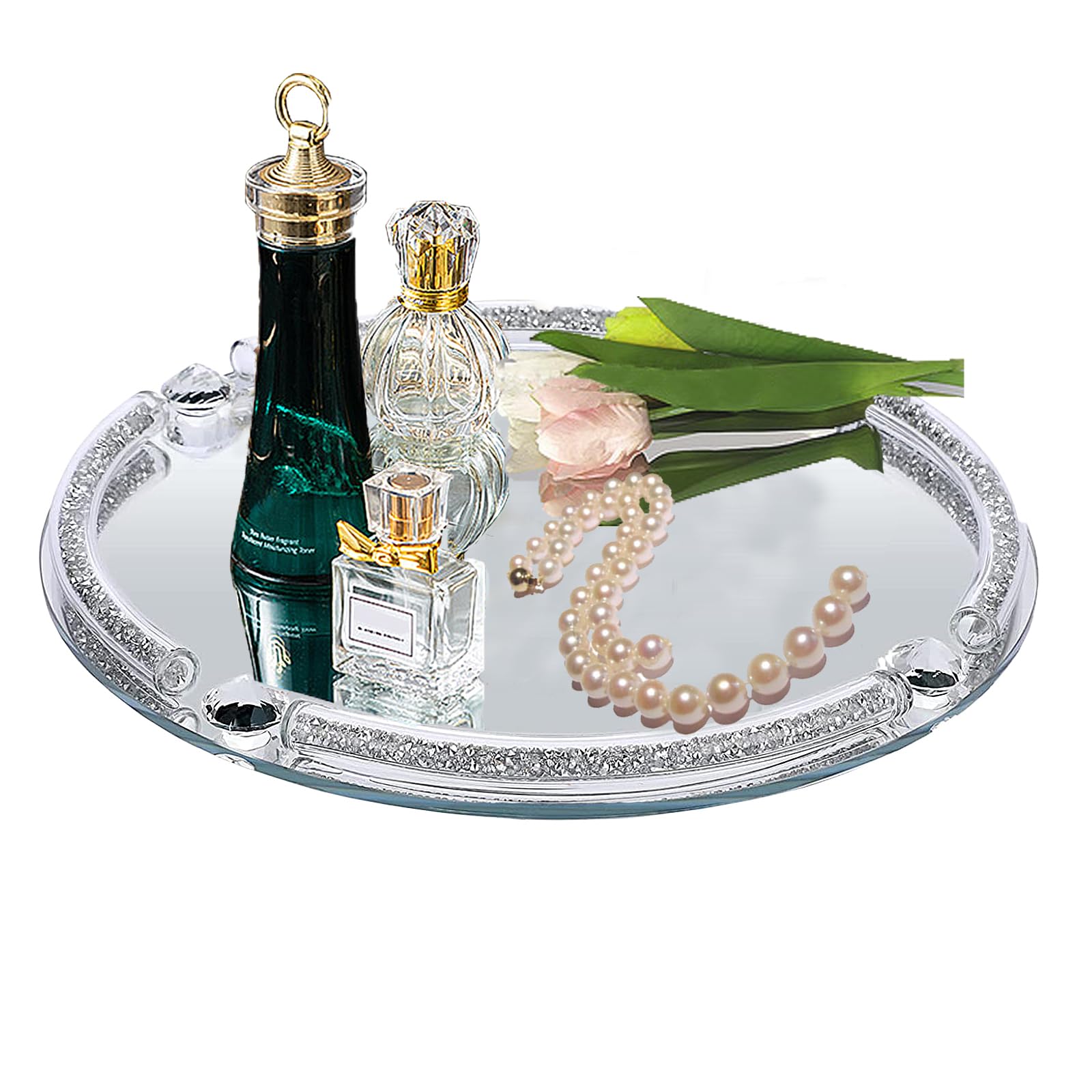 Silver Crushed Diamond Decorative Tray,9.8in Crystal Glass Decorative Tray Round Mirror Tray to Display Perfume,Jewelry, Candles,Shiny Serving Tray for Bathroom,Home Decor