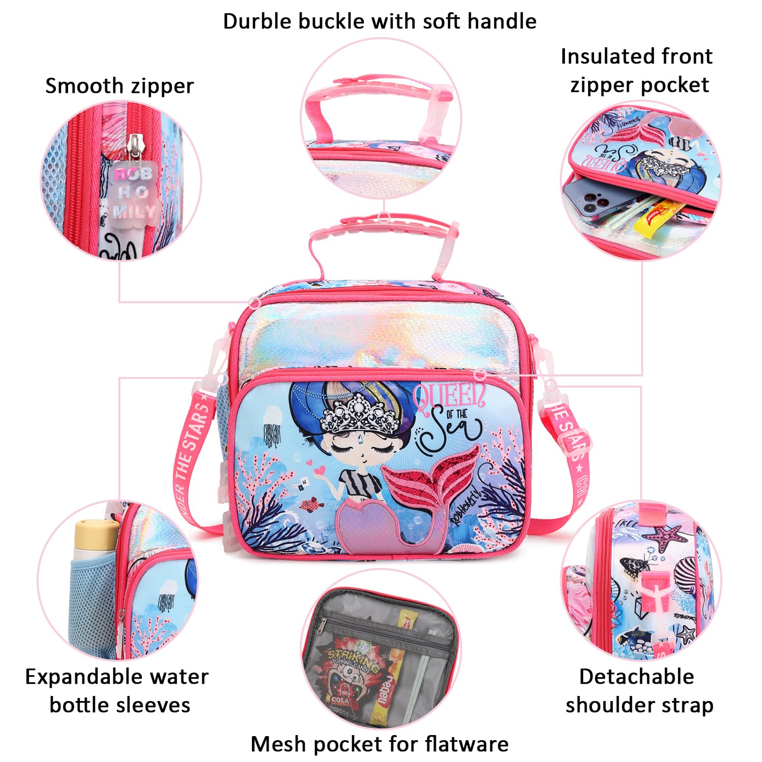 Robhomily Mermaid Kids Lunch Bag for Girls - Insulated and Easy to Clean