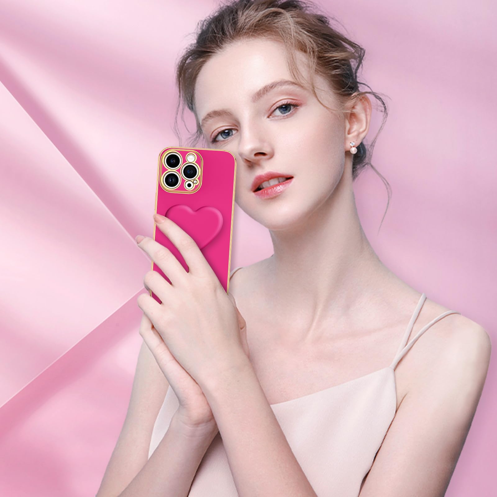 Telaso iPhone 13 Pro Max Case, iPhone 13 Pro Max Phone Case with Separate Love Heart Shape Kickstand Holder Soft TPU Plating Bumper Protective iPhone 13 Pro Max Phone Case for Girls Women, Hot Pink