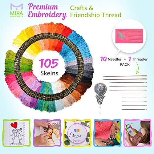 Premium 105 Embroidery Thread Skeins - Friendship Bracelet String β Perfect Embroidery Floss Kit for Beginners β Set of 10 Gold Eye Needles and 1 Threader Included β DMC Color Card Included (105)