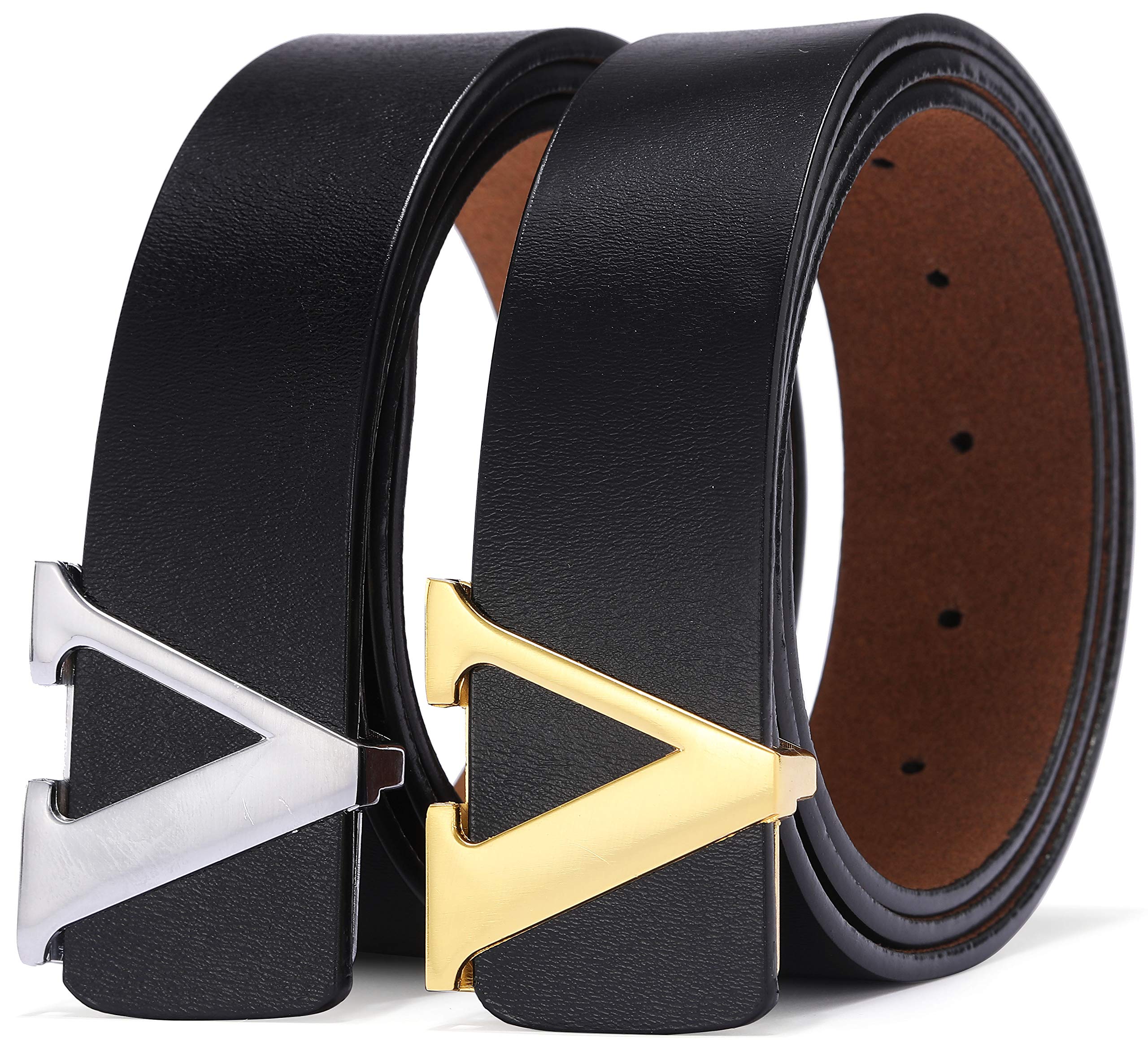 Yuangu Men's Classic Gold/Silver V-Buckle Design Soft Calfskin Belt (Black Gold, 105cm/41.3inch(30-36))