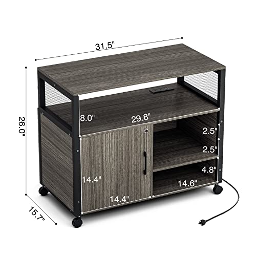 WASAGUN Lateral File Cabinets with Socket & USB Charging Station, Lockable Office File Cabinets Rolling Printer Stand with Open Storage Shelves for Home Office Organization & Storage