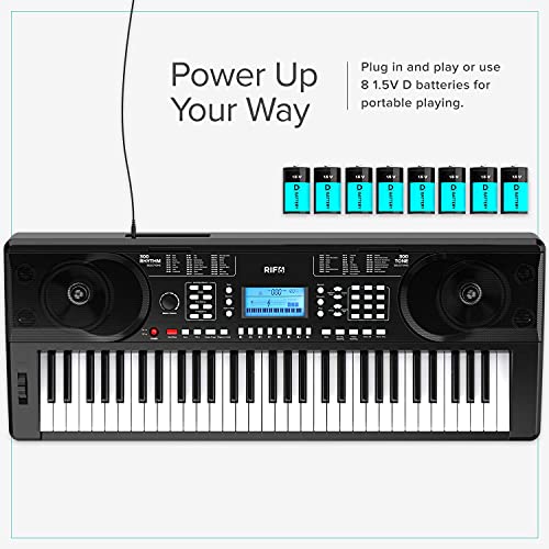 RIF6 Electric 61 Key Piano Keyboard - with Over Ear Headphones, Music Stand, Digital LCD Display, Teaching Modes and Adjustable Stool - Electronic Musical Instruments Starter Set for Kids and Adults