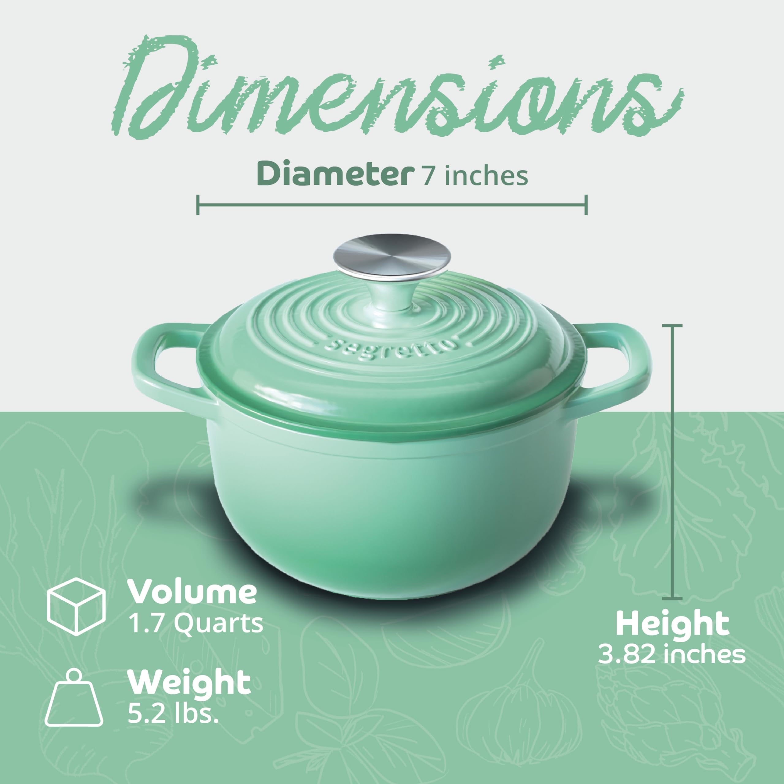 Segretto Cookware Enamel Dutch Oven Cast Iron with Handle Verde Chiaro (Light Green) 1.7 Quarts Enameled Cast Iron Dutch Oven with Lid Oven Cookware Pot 1.7 qt Small Dutch Oven for Bread Baking