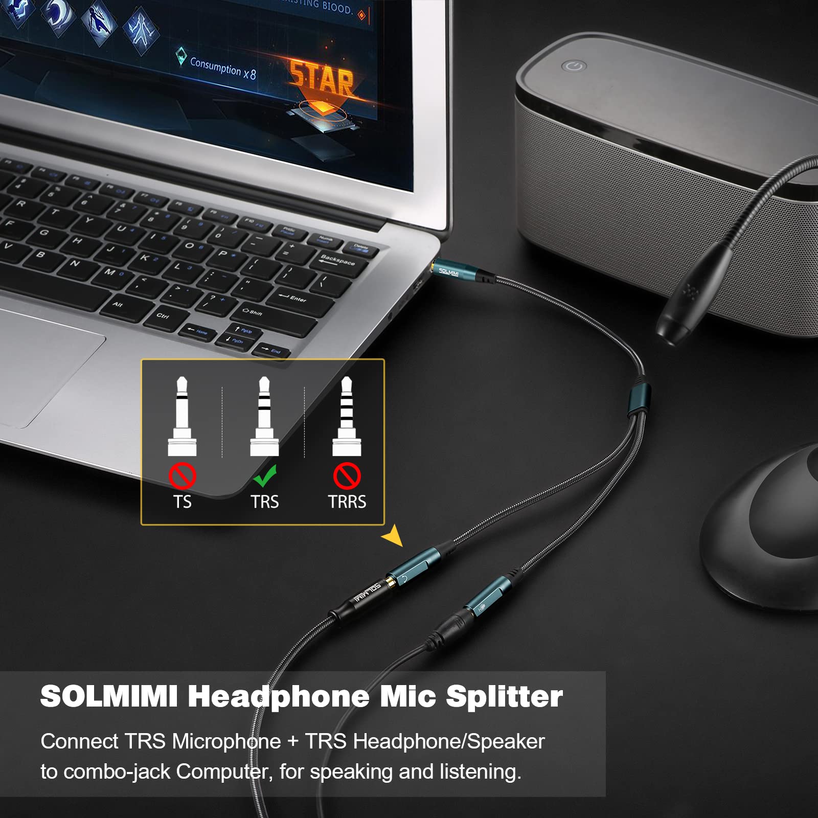 SOLMIMI Headset Adapter, 3.5mm TRRS to Dual 3.5mm Audio Mic, Headphone Y Splitter Mic and Audio Cable 3.5 mm Headphone Extension Cable