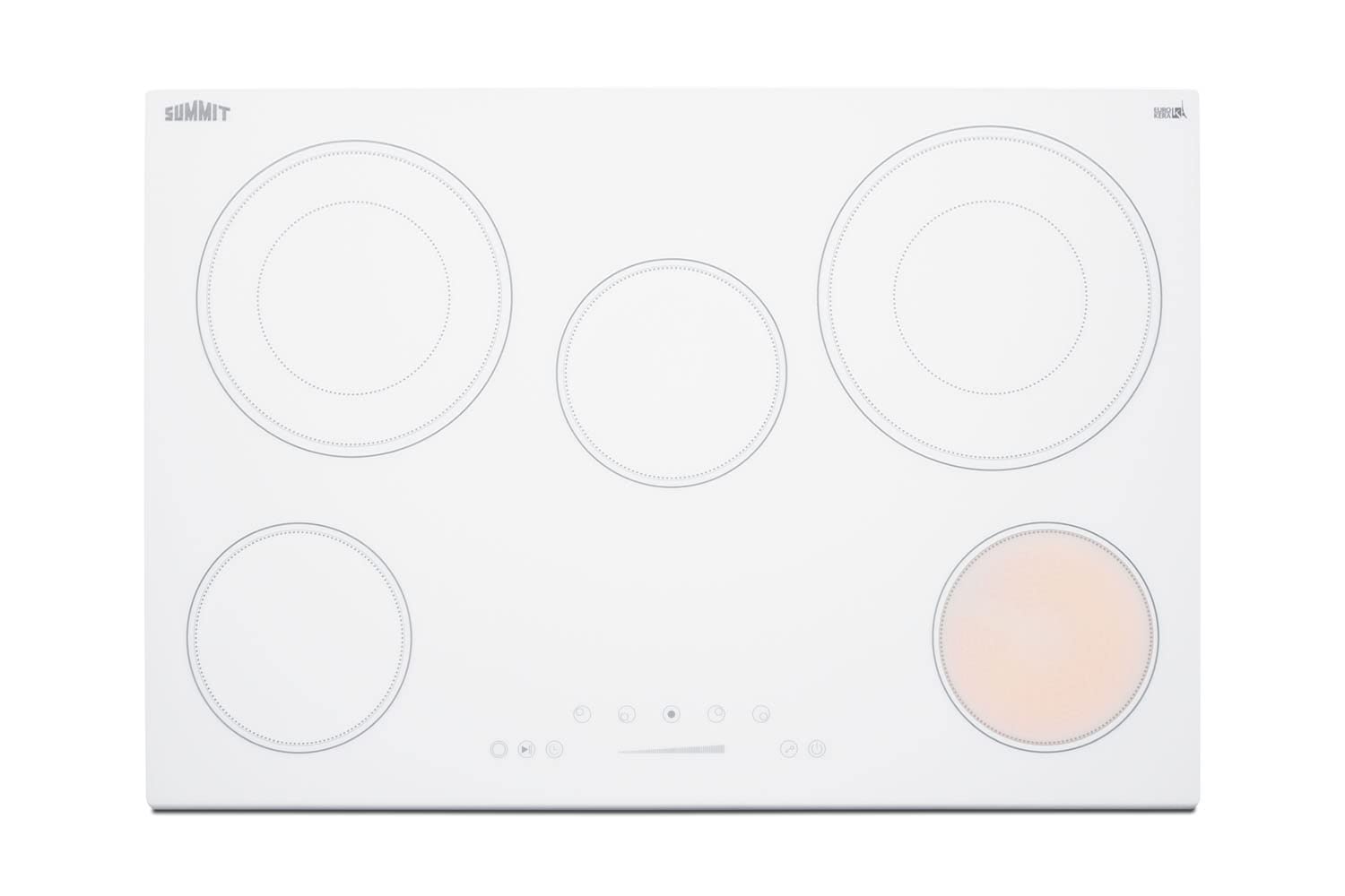 Summit Appliance CR5B30T8W 30" Wide 5-Burner Radiant Cooktop, White, Ceramic Glass Surface, Digital Touch Controls, 9 Power Levels, Programmable Timer, Residual Heat Indicator, 208-240v Operation