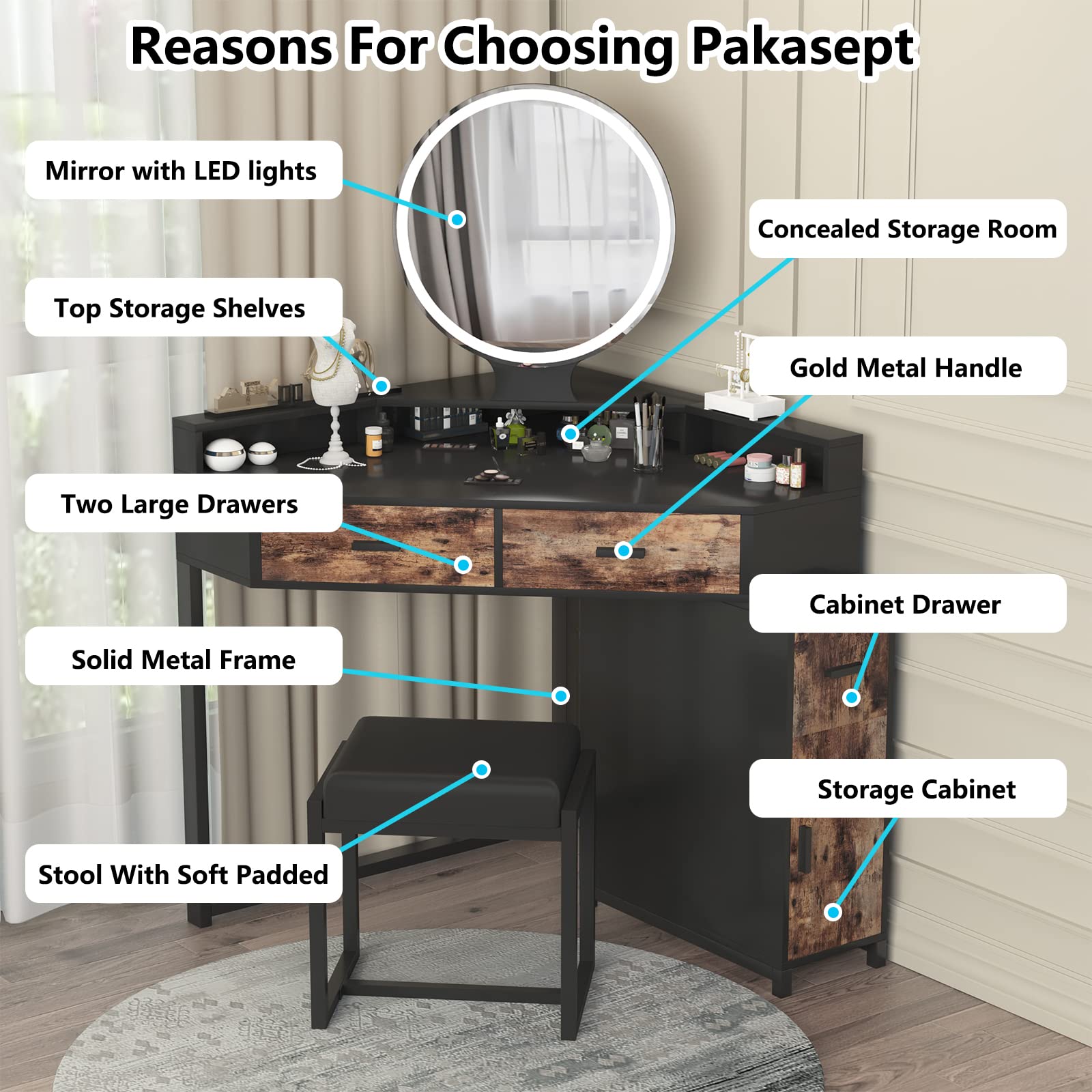 PAKASEPT Corner Vanity Set with Lighted Mirror, Makeup Dressing Table with Drawers, Cabinet and Cushioned Stool, Girls Vanity Desk for Bathroom, Bedroom
