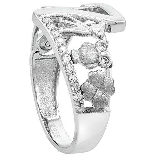 Sterling Silver Micropave CZ Lucky 7 Ring for Women with Good Luck Charms Rhodium Finish 1/2 inch size 6