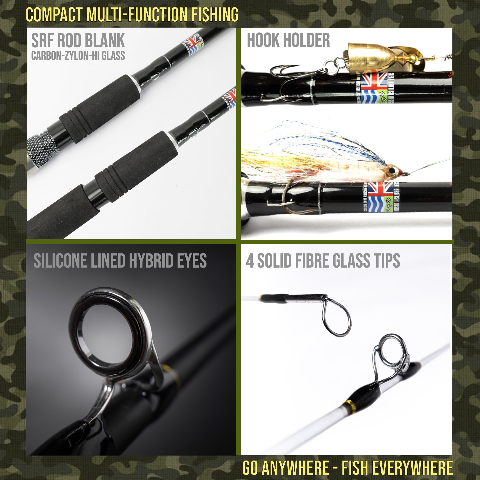 Rigged and Ready X5 Travel Fishing Combination.Super Compact,Carry Size 40cm(15.8β),Multi-Functional Rod+4 Tips,1 Spin Reel +1 Fly Reel + case. 1 Rod 5 Fishing Options.2.22m(7β 3β)+1.9m (6'3") Length