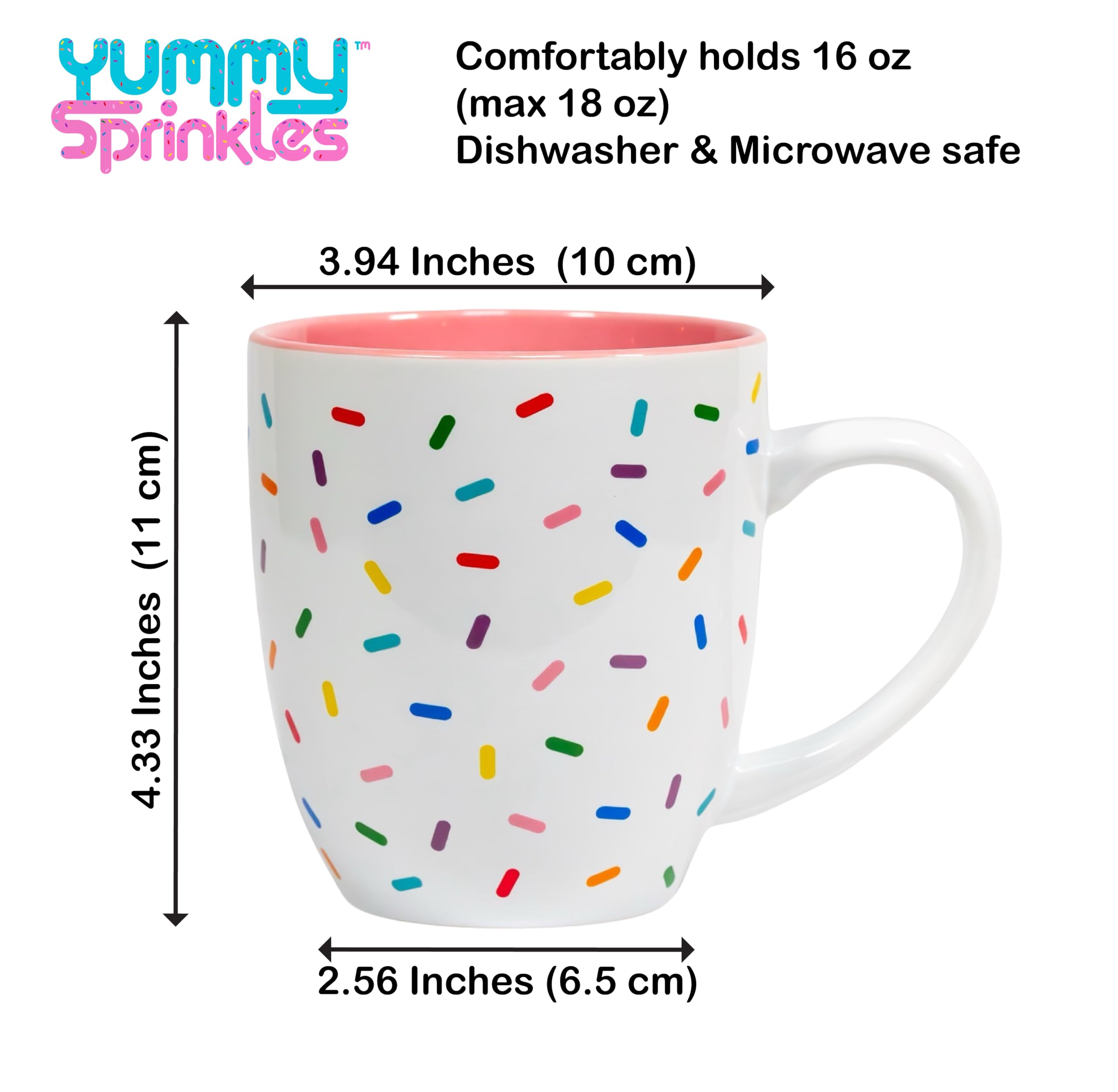 Yummy Sprinkles Mug | Pink Mug | Rainbow Sprinkles Coffee Mug | Birthday Cake Mug | Large, Fun, Coffee Mug with Green, Yellow, Red, Pink, Blue Art | Rose Pink