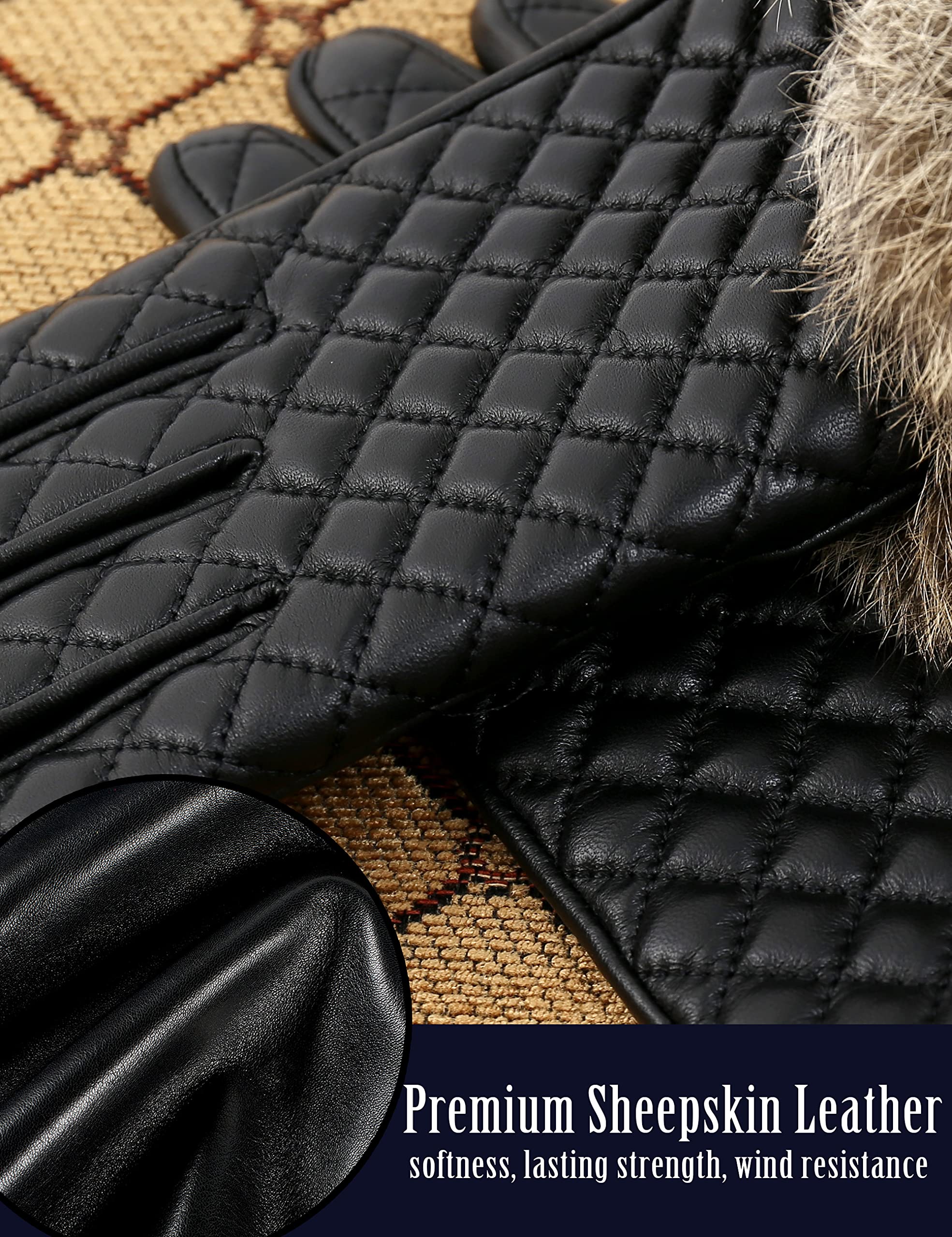 VIKIDEER Winter Warm Cashmere Lining Rabbit Fur Cuffs Leather Gloves for Women Touchscreen Black Large