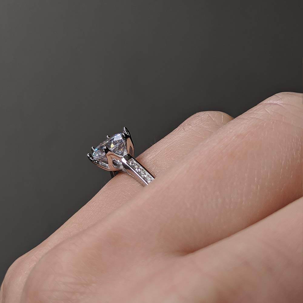 TwoBirch 18k White Gold Plated Sterling Silver Round Tulip Setting Cubic Zirconia Engagement Ring with Accent Side Stones (Size 8)