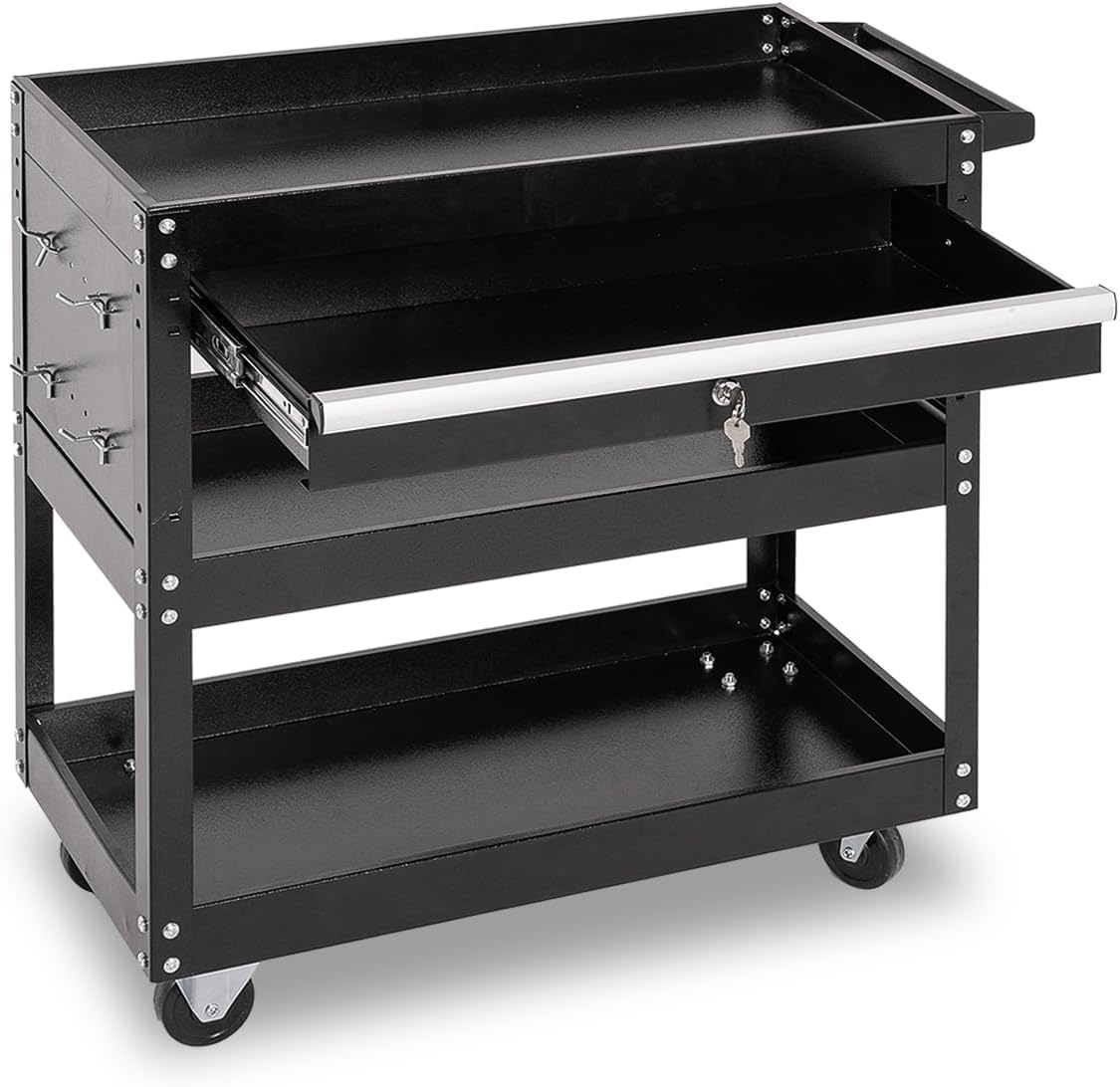 SUN & SUMMER Tool Chest with Wheels, Rolling 3-Tier Tool Box with Wheels 330 LBS Capacity Heavy Duty Utility Industrial Service Cart with Locking System Drawer for Garage, Warehouse & Repair Shop