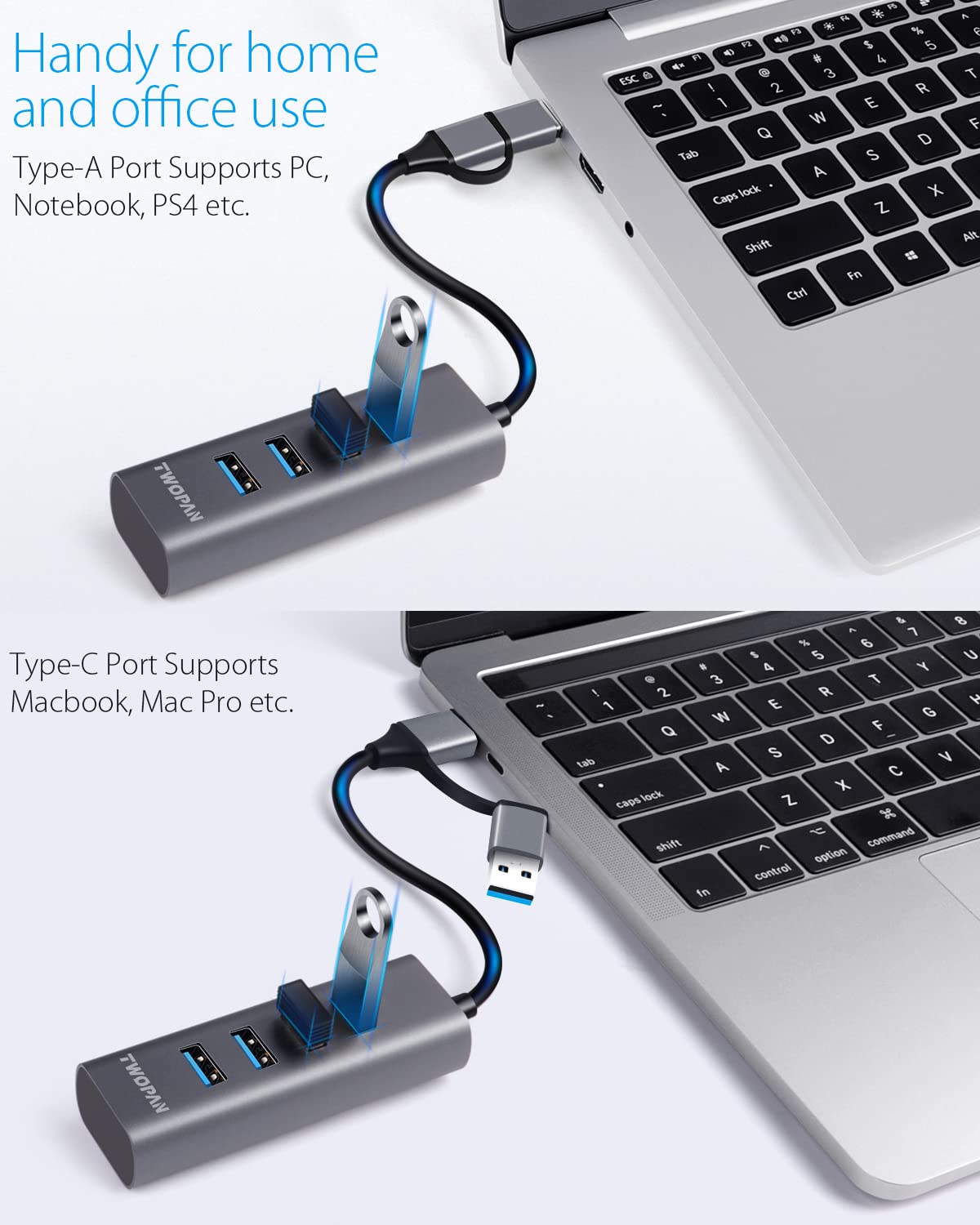 TWOPAN USB 3.0 Hub, Ultra Slim 4 Port USB Data Hub Splitter for Laptop, MacBook Pro/Air, iMac, iPad Pro, Chromebook, XPS, iPhone 15, Galaxy S23, USB Flash Drives, Keyboard, Mouse, Mobile HDD