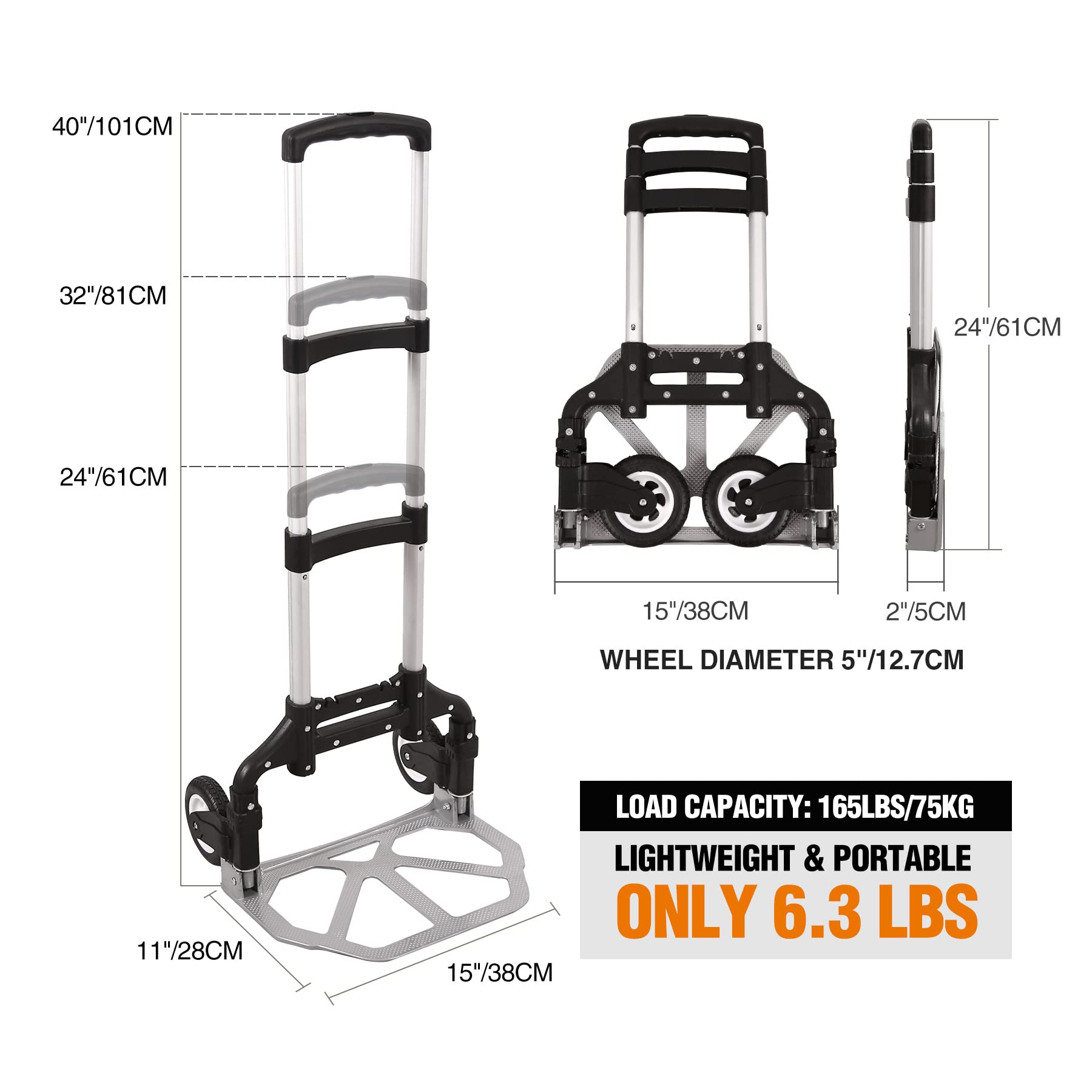 RedSwing Folding Hand Truck, 165lbs Capacity Lightweight Portable Hand Cart with Bungee Rope and 2 Rubber Wheels, Heavy Duty Foldable Hand Dolly for Home Shopping,Moving,Travel,Office ,Silver